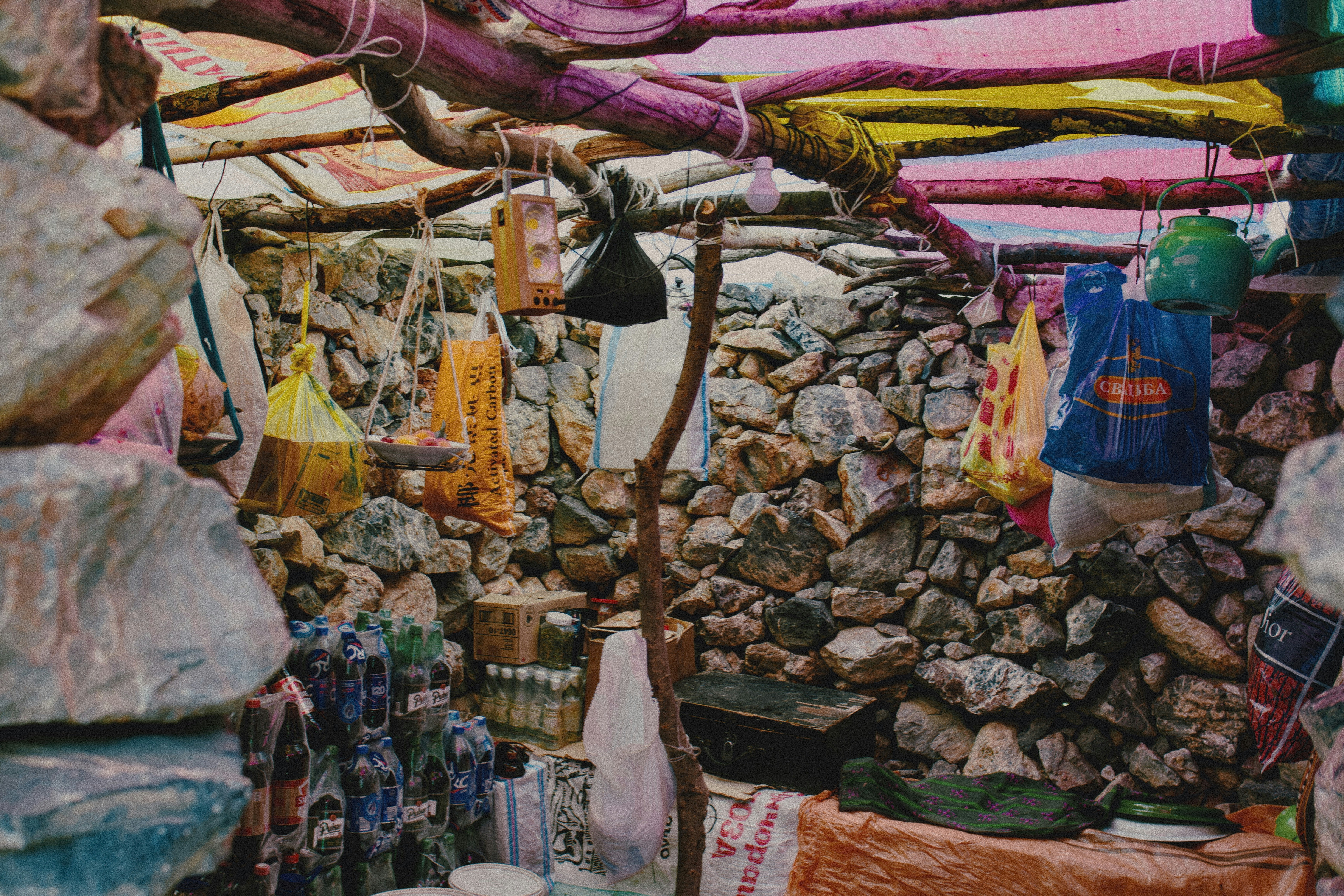Colorful Shrine Market Under a Make-Shift Canopy