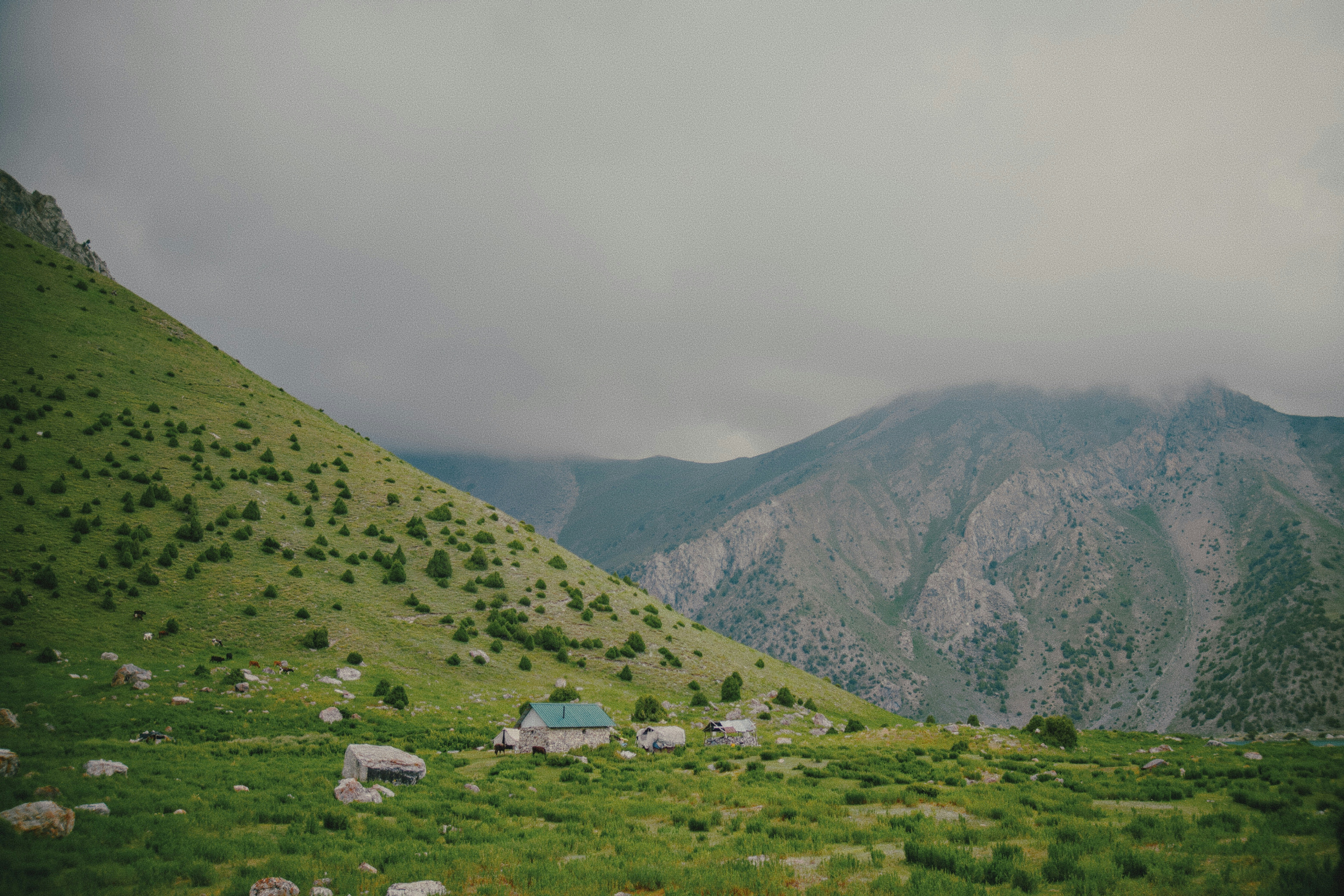 Green Basin Village Beneath Cloud-Wrapped Peaks