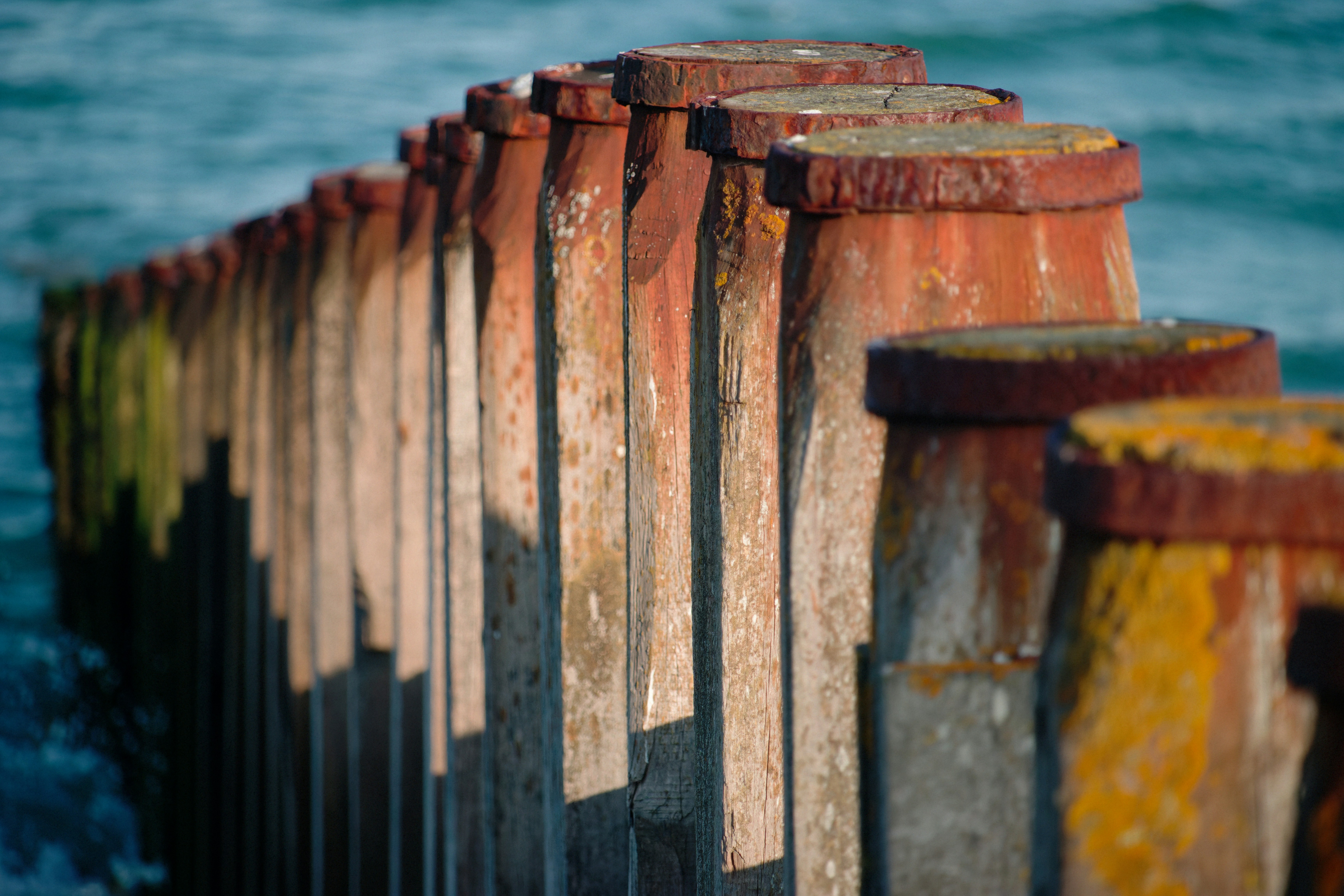 Line of Weathered Wharfs: A Row of Rust-Topped Fenders Eclipsed by Sea Light