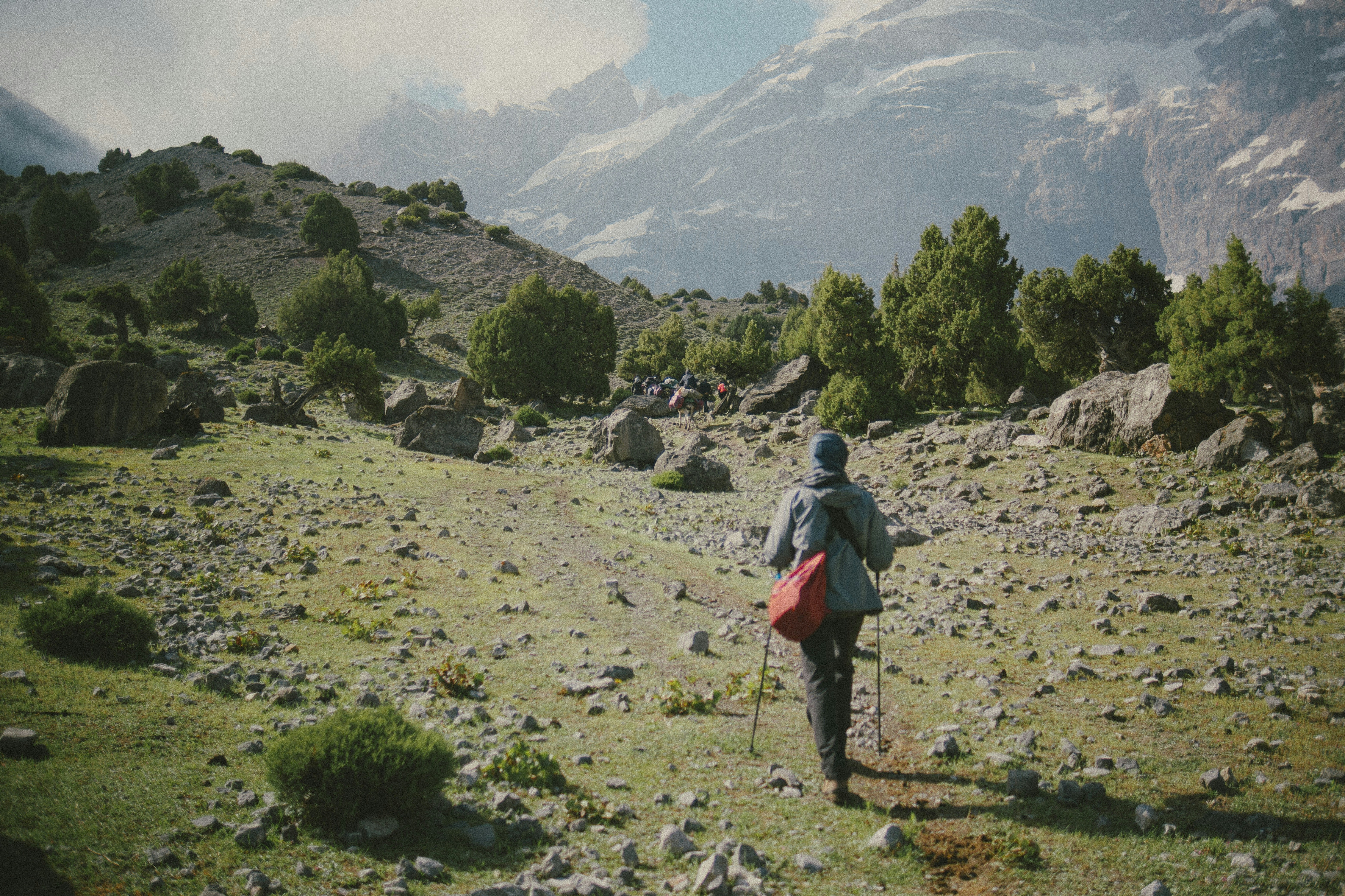Hiker with red bag ascending alpine meadow toward distant peaks