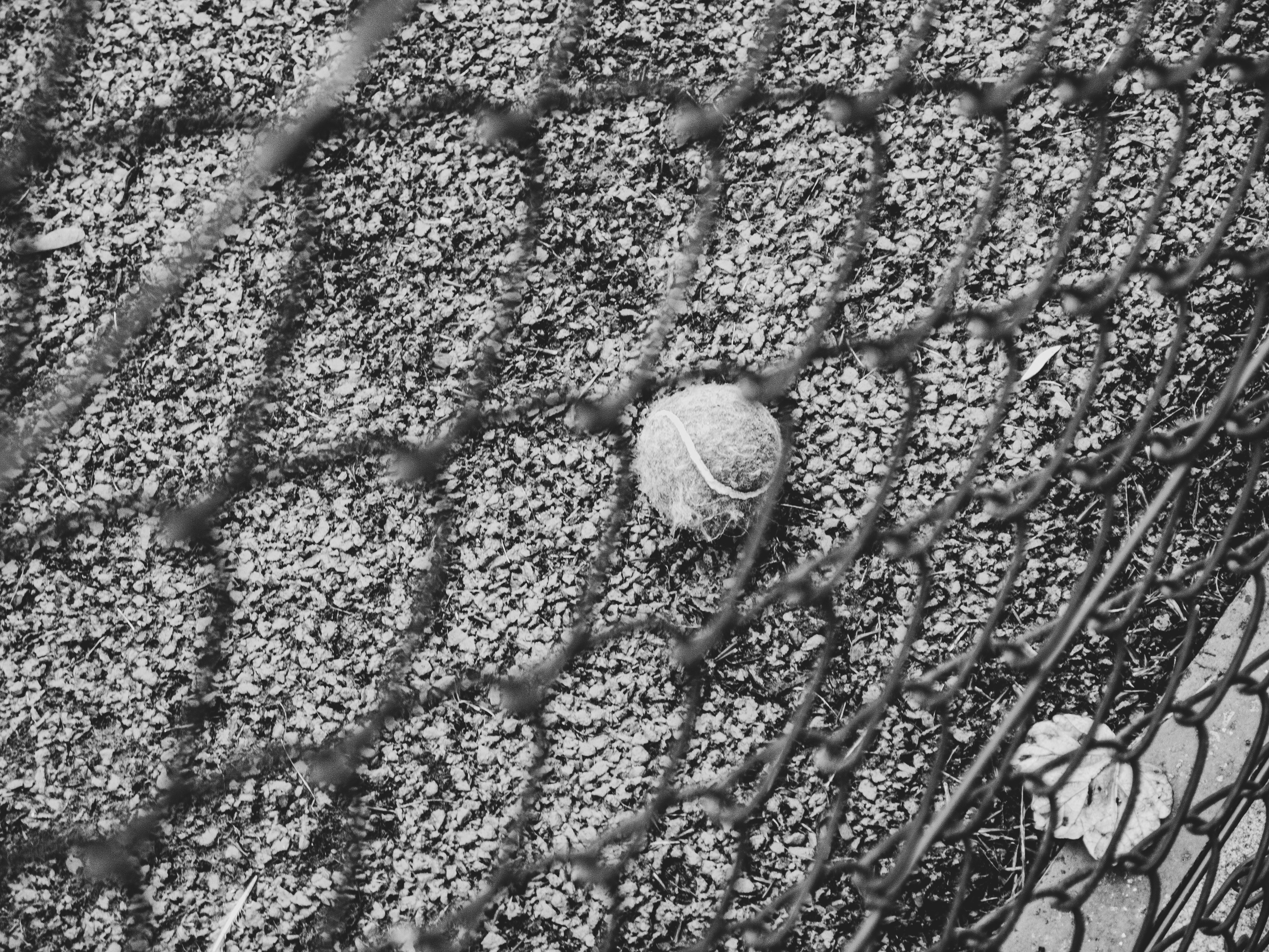 Grainy black-and-white close-up of a weathered tennis ball wedged against a chain-link fence and rough surface; conveys texture and contrast in an urban, tactile moment.