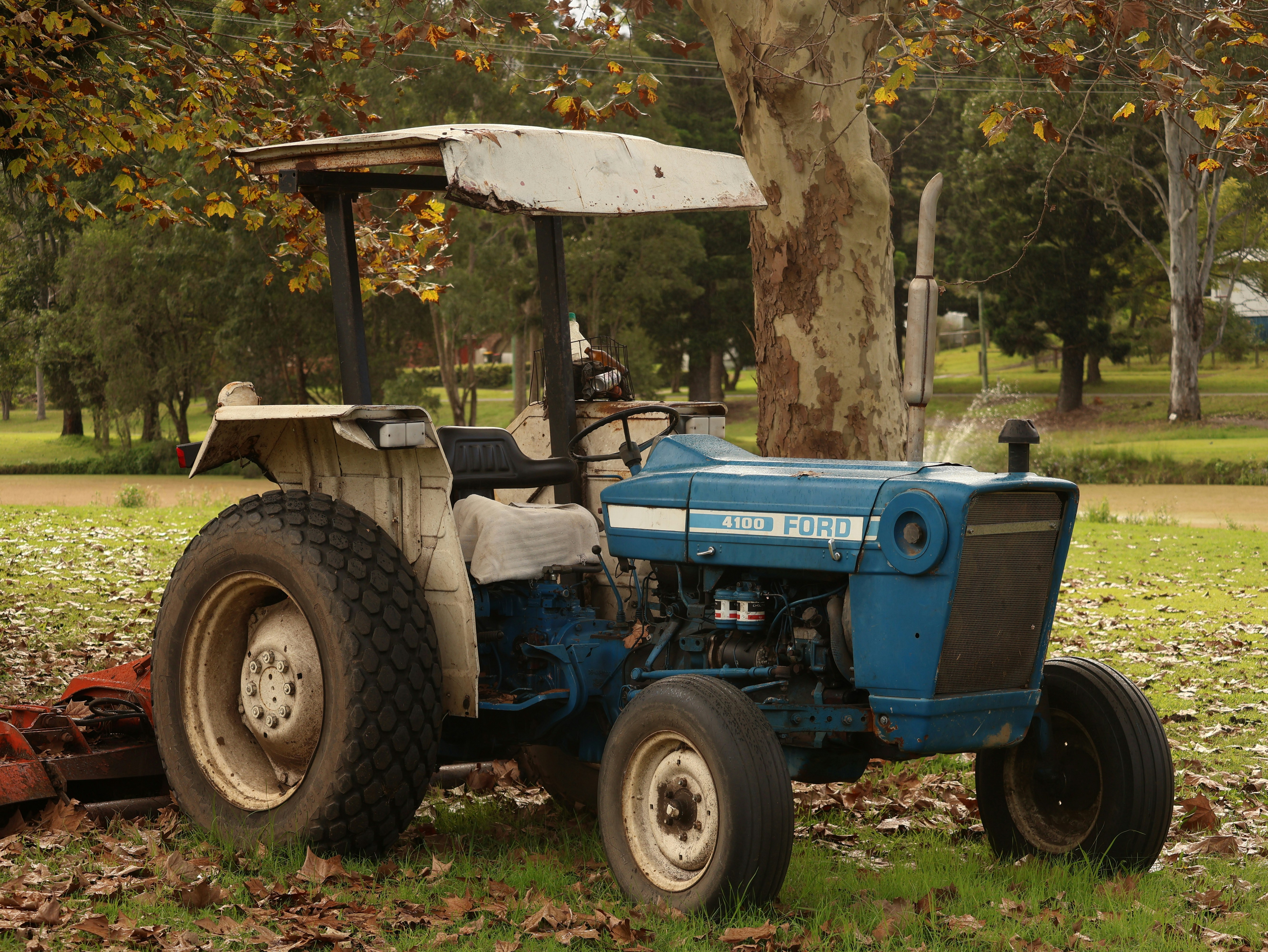 Blue Ford Tractor in a Quiet Parkyard