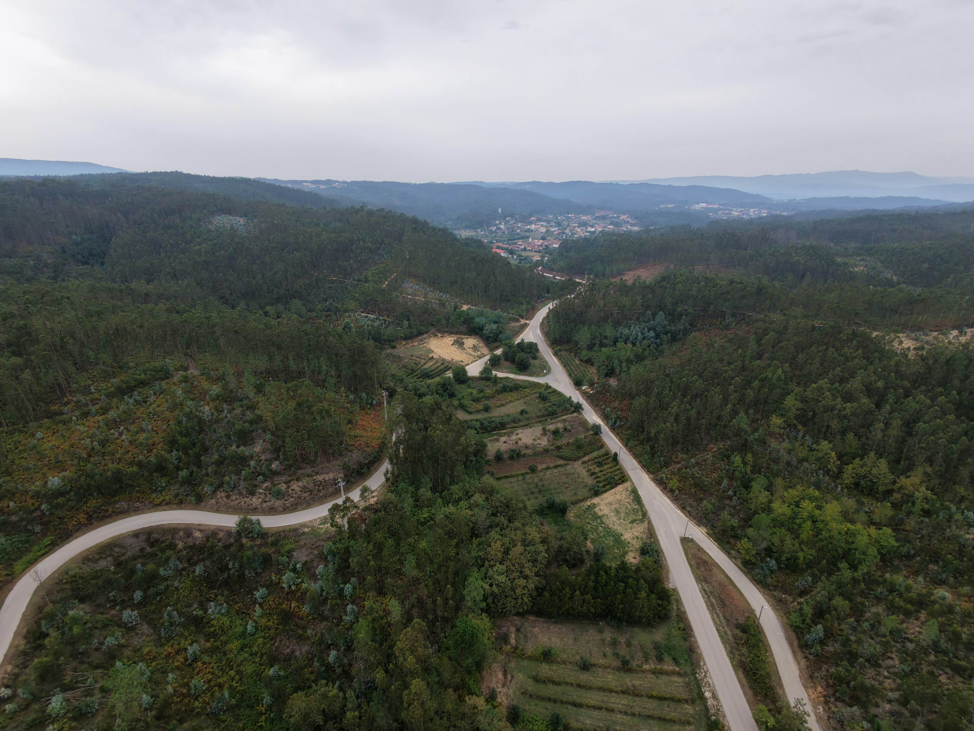 Aerial view of winding roads through forested hills and agricultural plots, with a village in the distance.