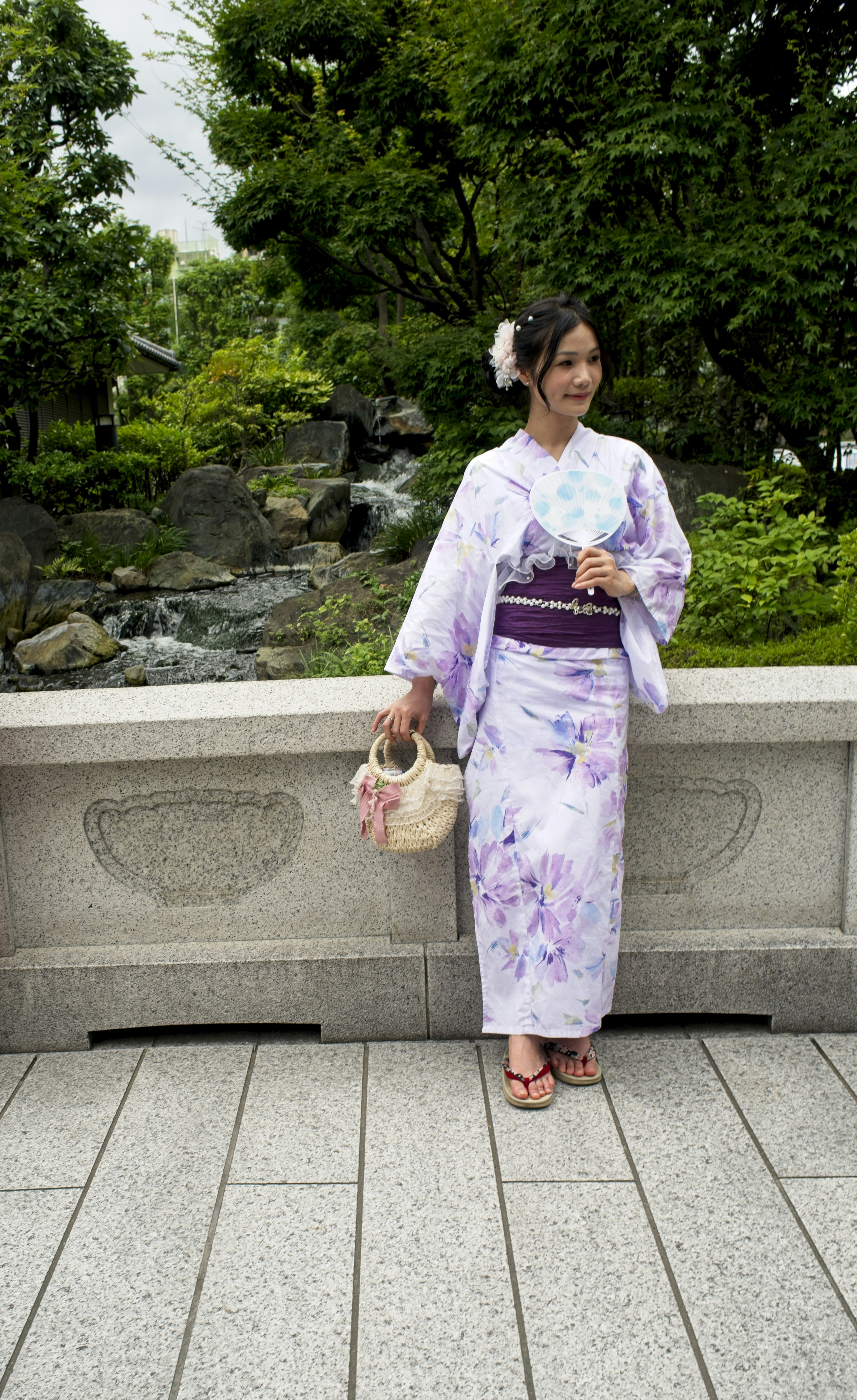 Portrait in a Lavender Kimono by the Garden Stream