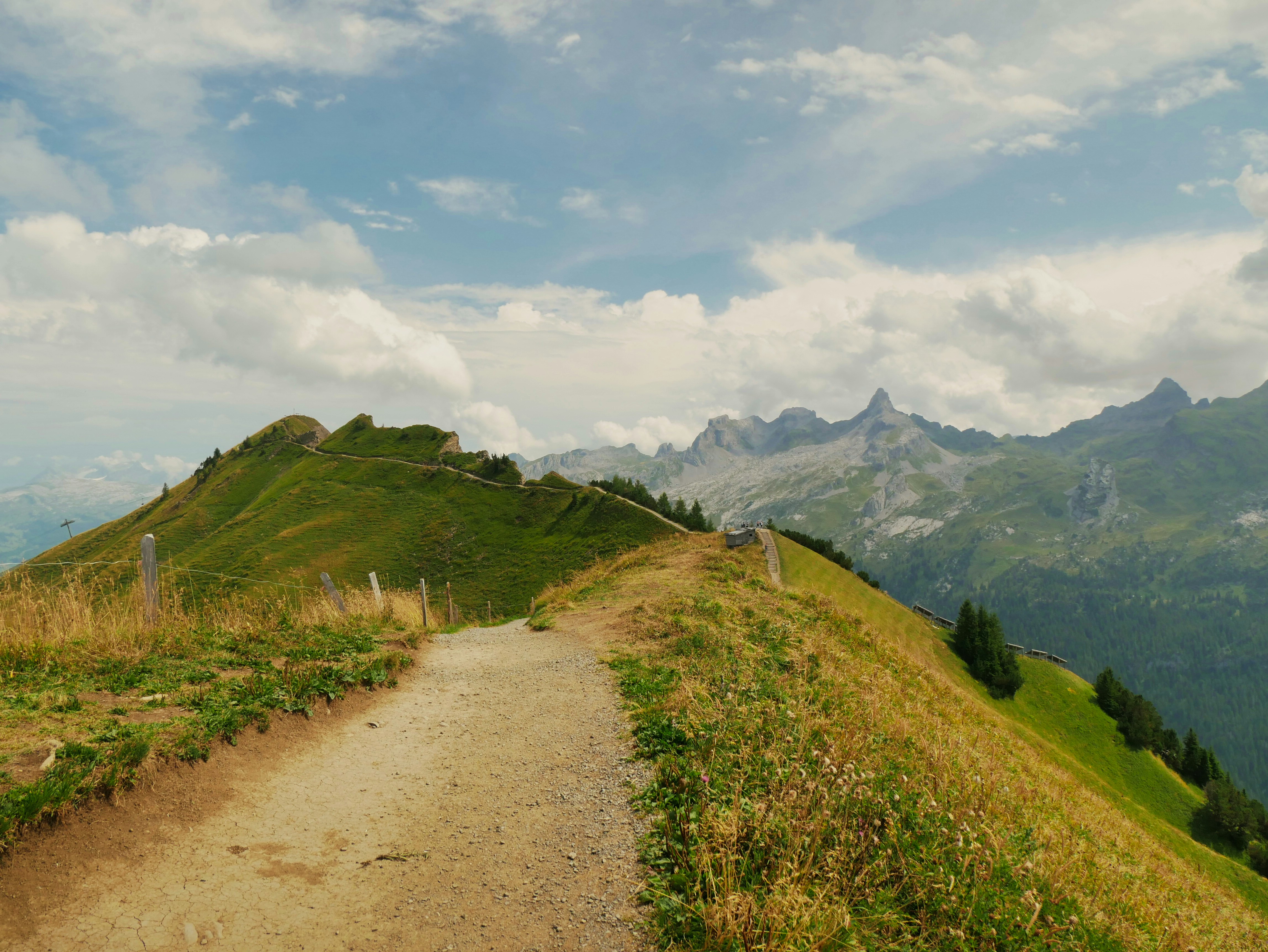 Gentle dirt trail winds along a grassy mountain ridge with fence posts and distant jagged peaks under a blue sky.