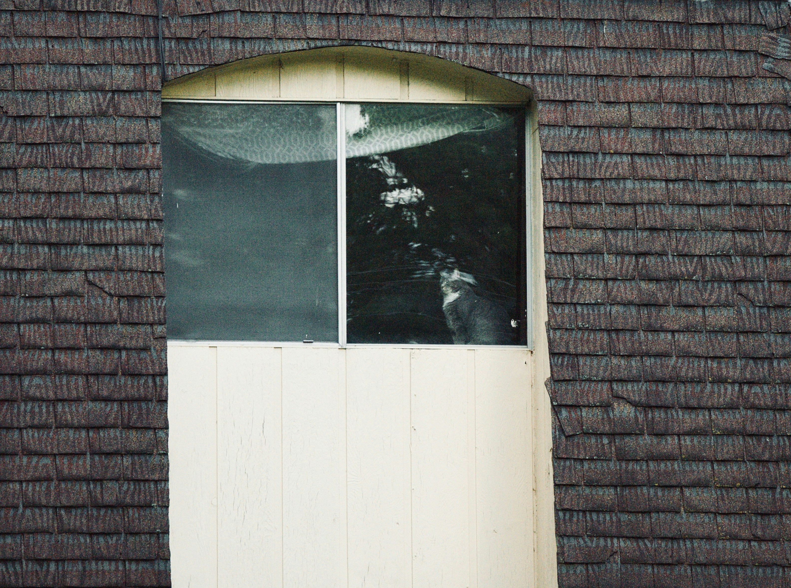 Weathered Window Gate to Quiet Brick Facade