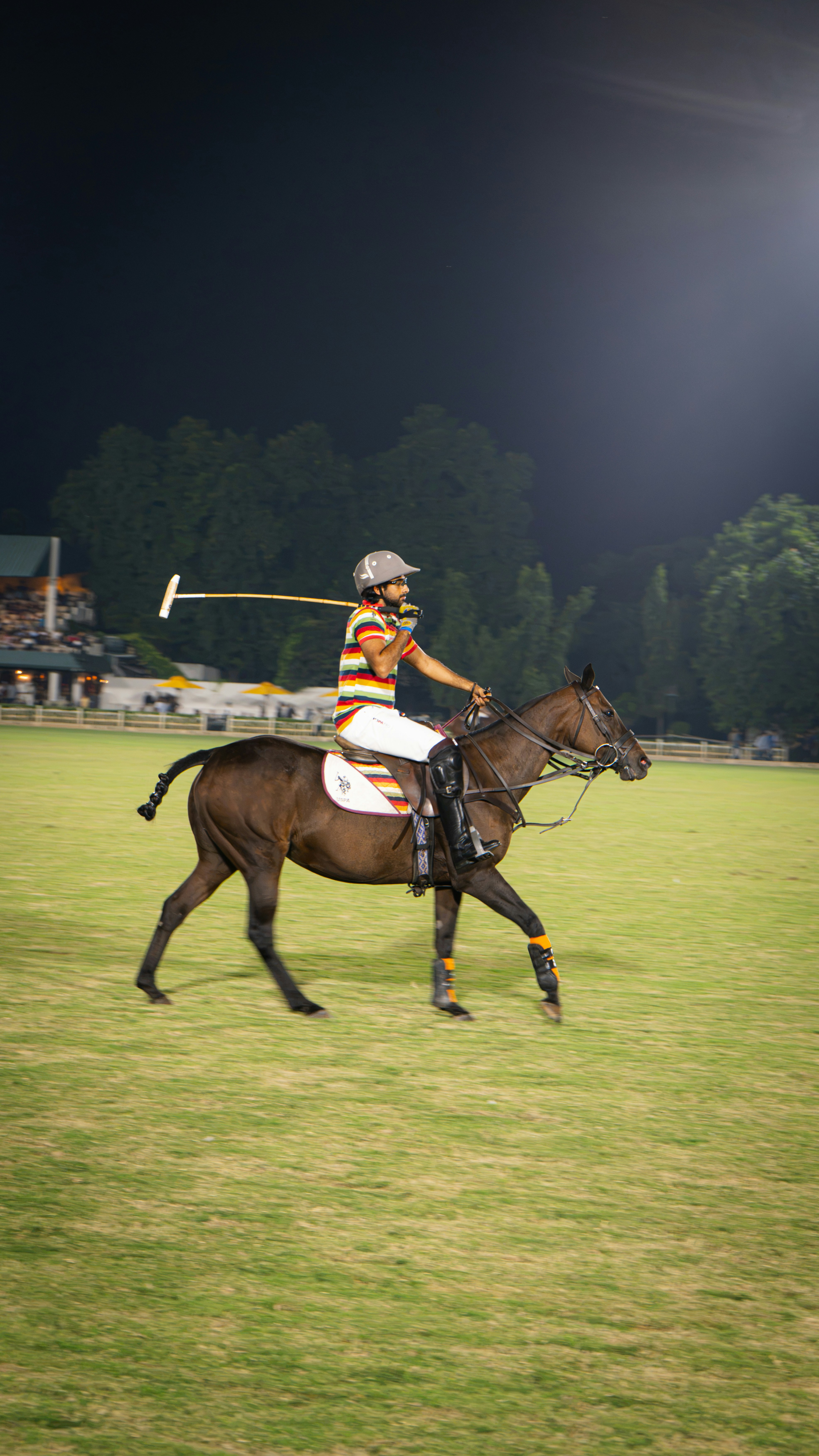 Midnight Polo: Rider in Striped Jersey Commands the Field