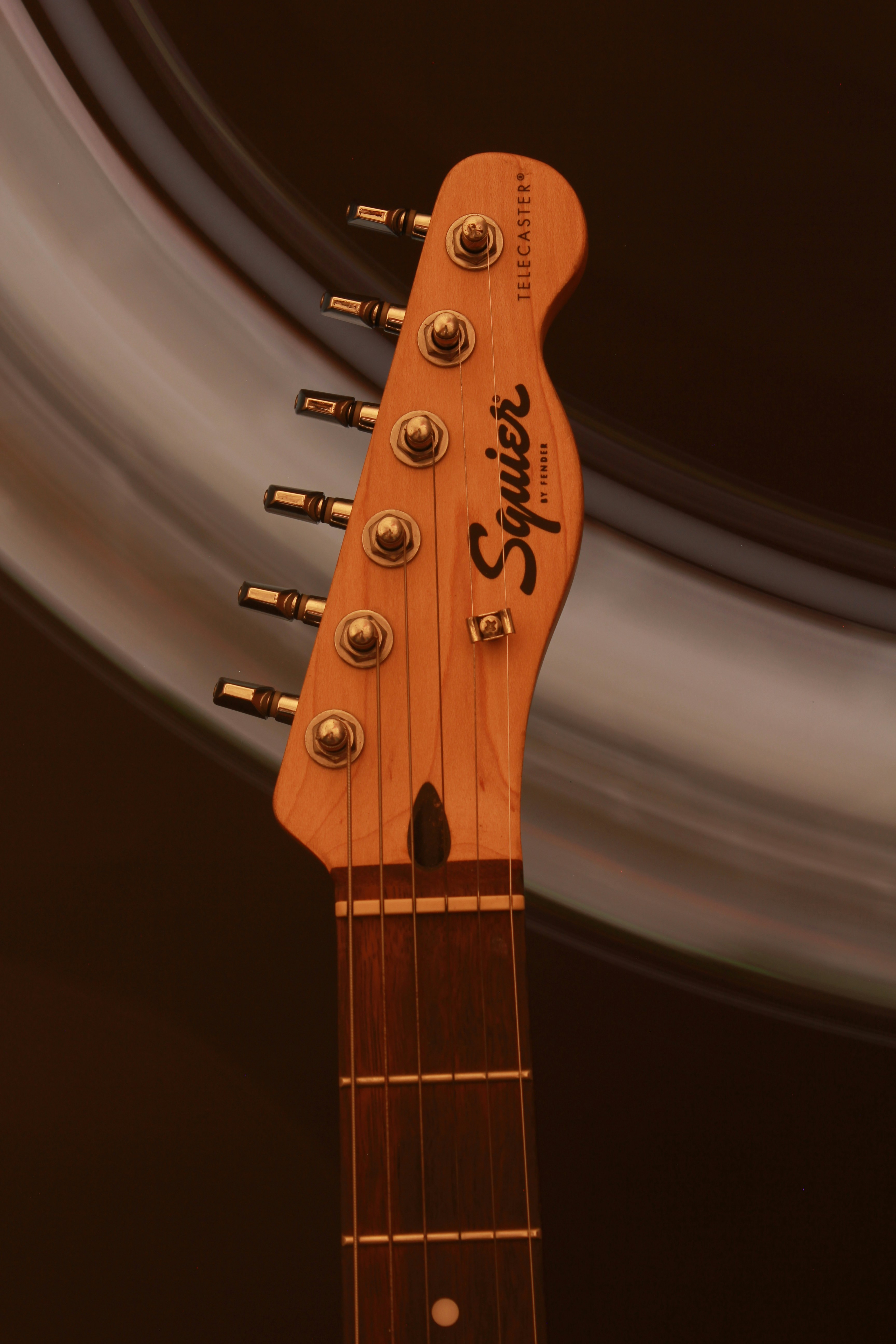 Close-up of a Squier Telecaster headstock in warm studio light