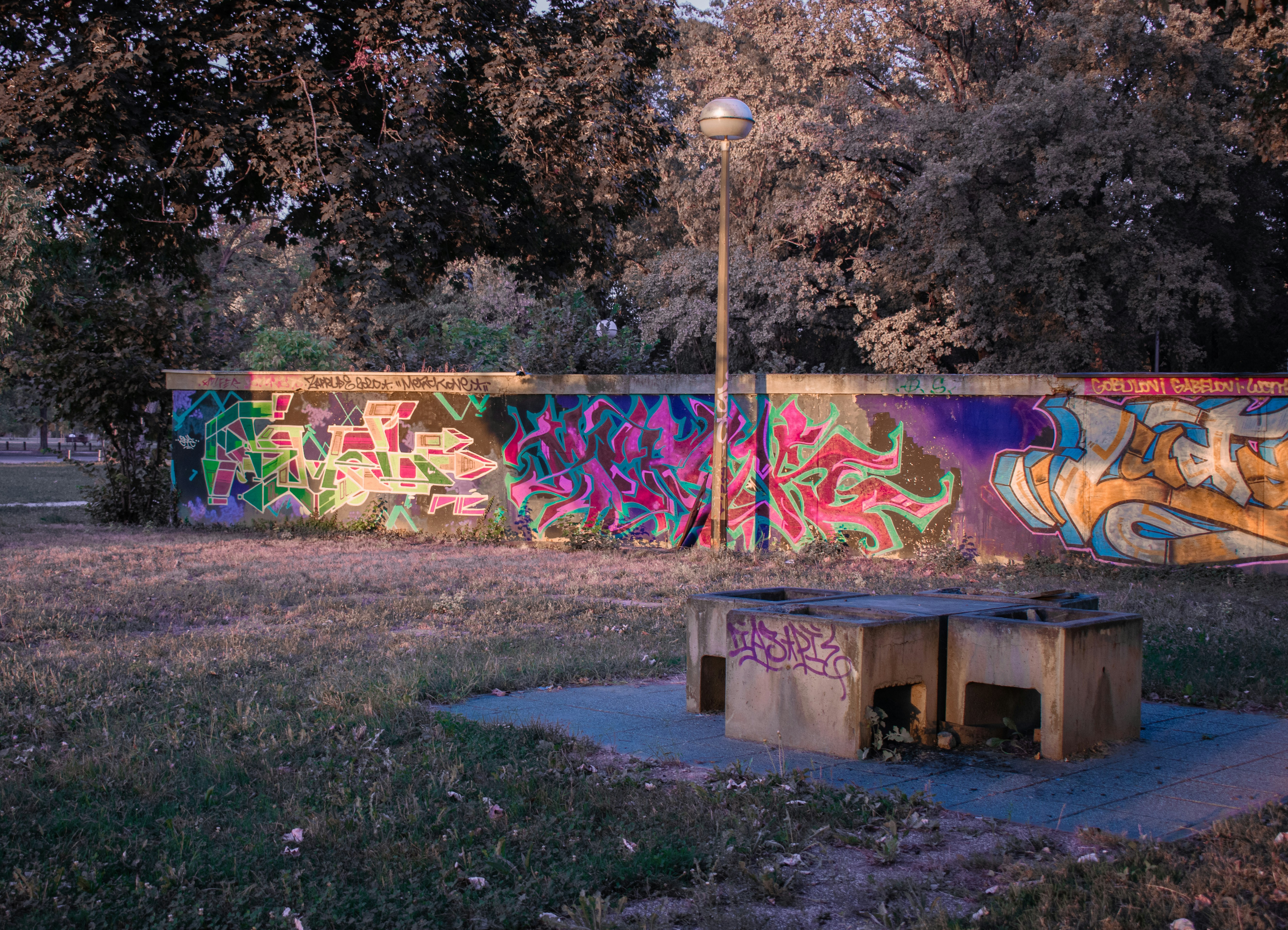 Graffiti Wall Under a Park Lamp