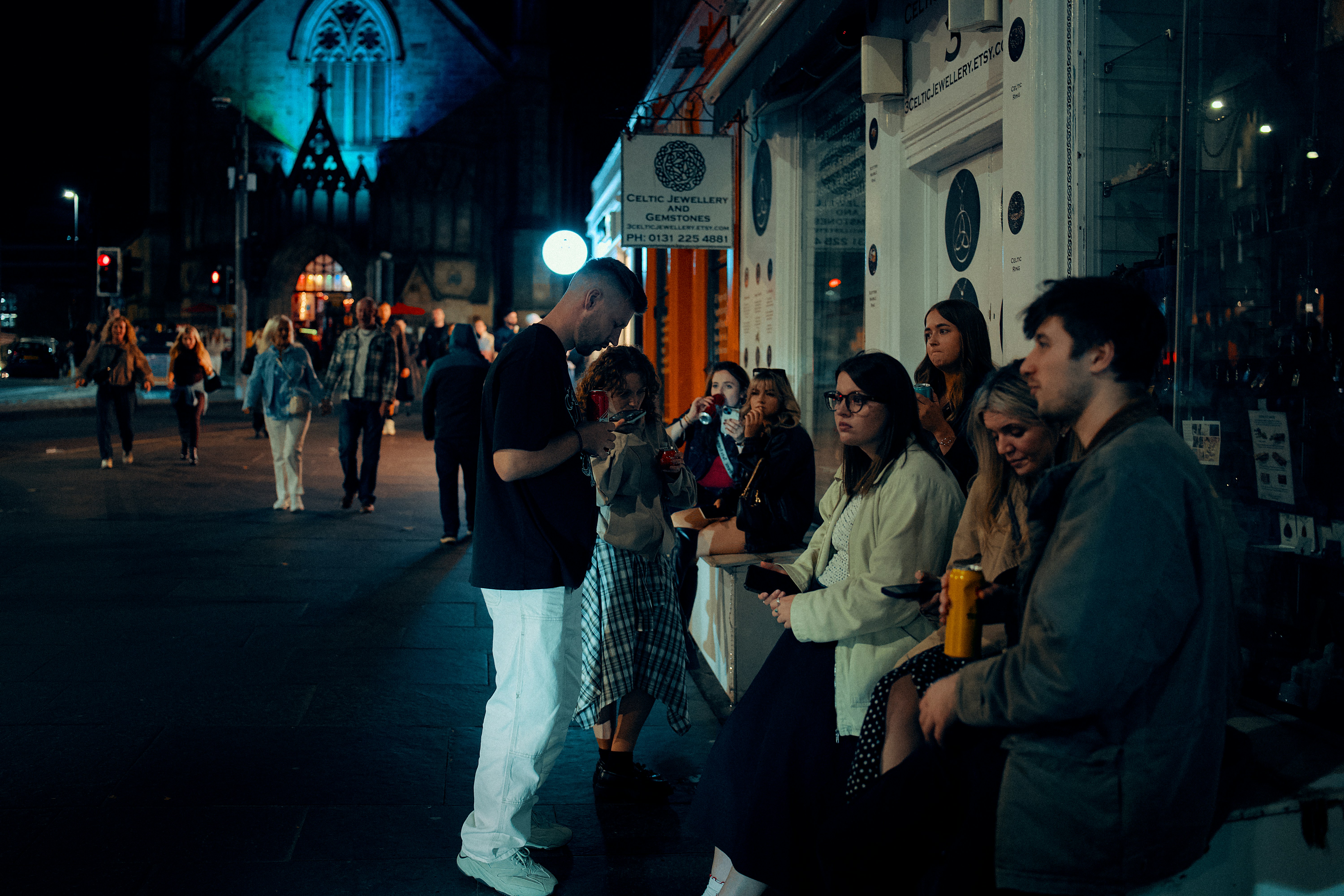 Evening Street Portraits: A Quiet Moment Outside a Painted Cathedral