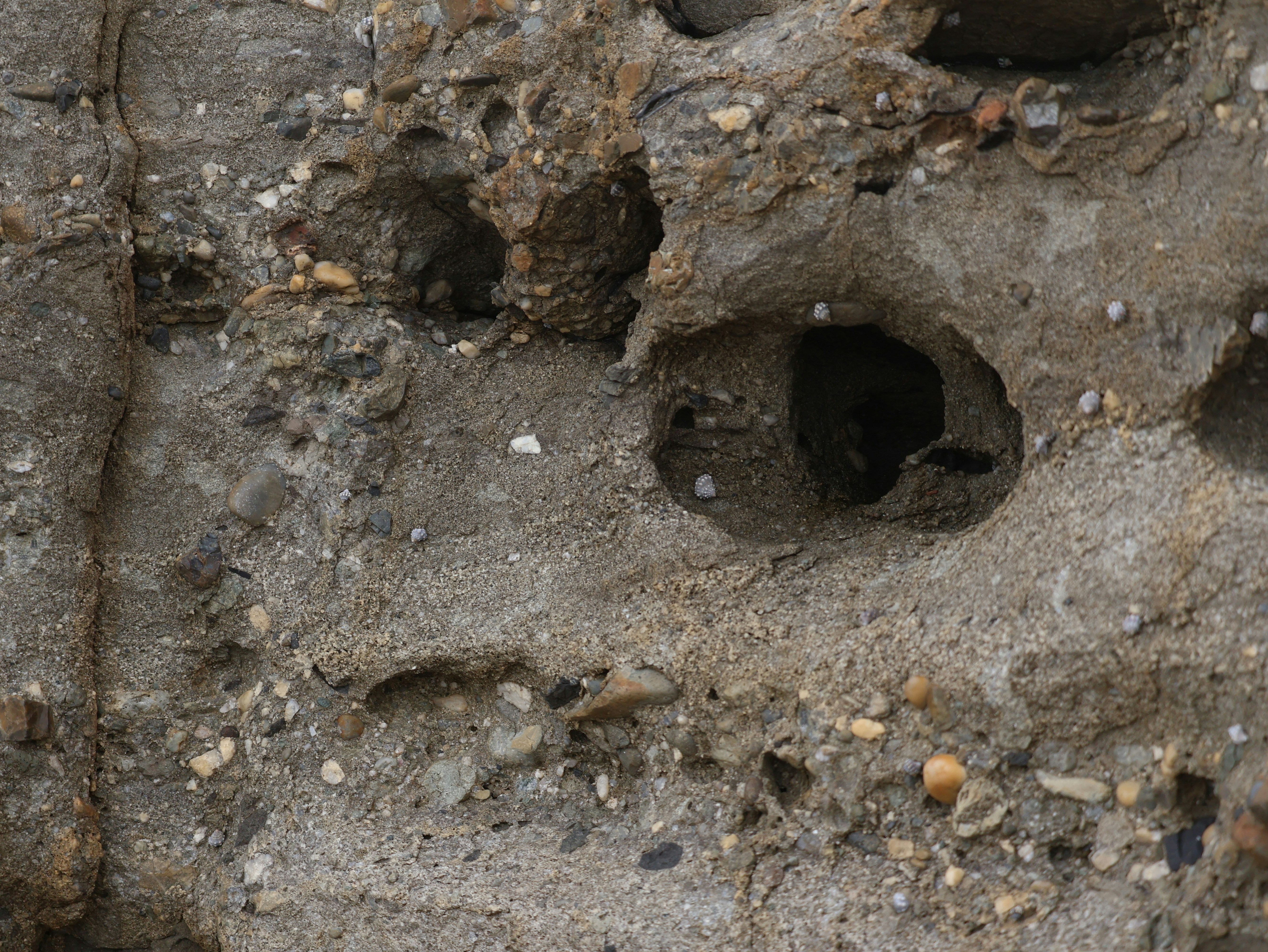 Pebble-studded concrete collapse with a central cavity