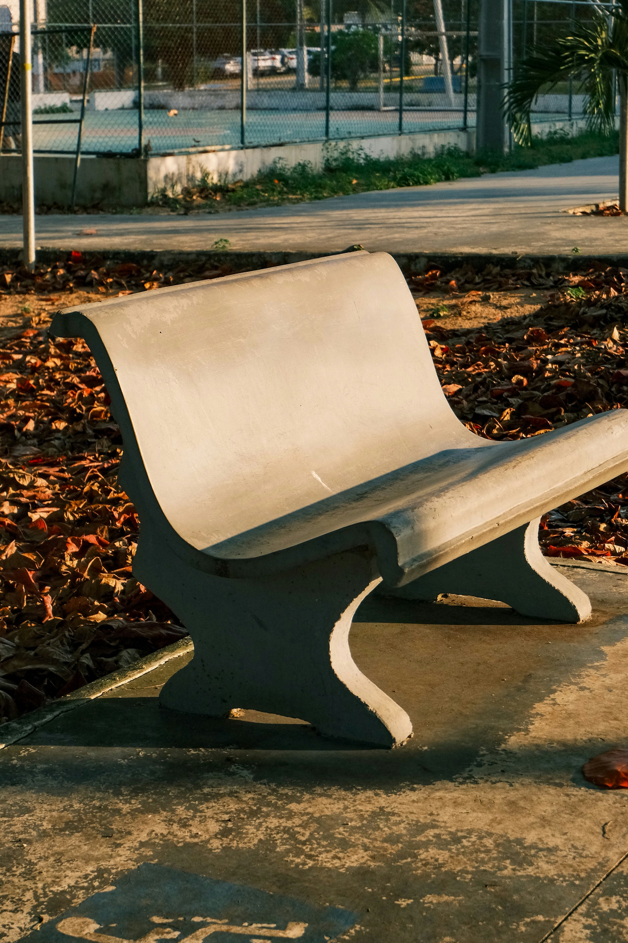 Concrete bench in a sunlit park at autumn, fallen leaves scattered around; background shows a fenced court and sidewalk. Photograph focuses on the weathered sculpture-like seat as a simple, contemplative still life.