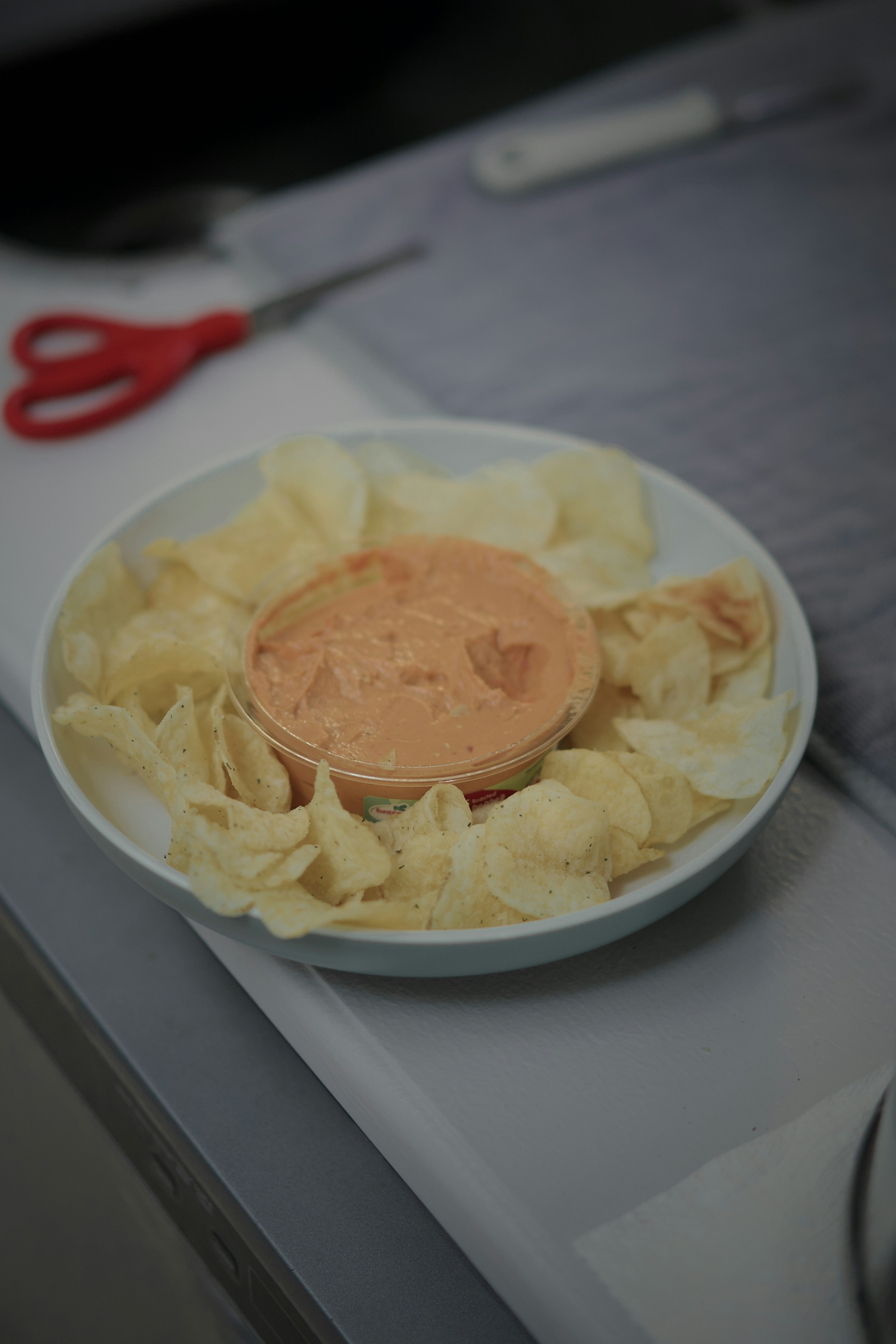Creamy dip in a potato chip ring on a kitchen prep tray