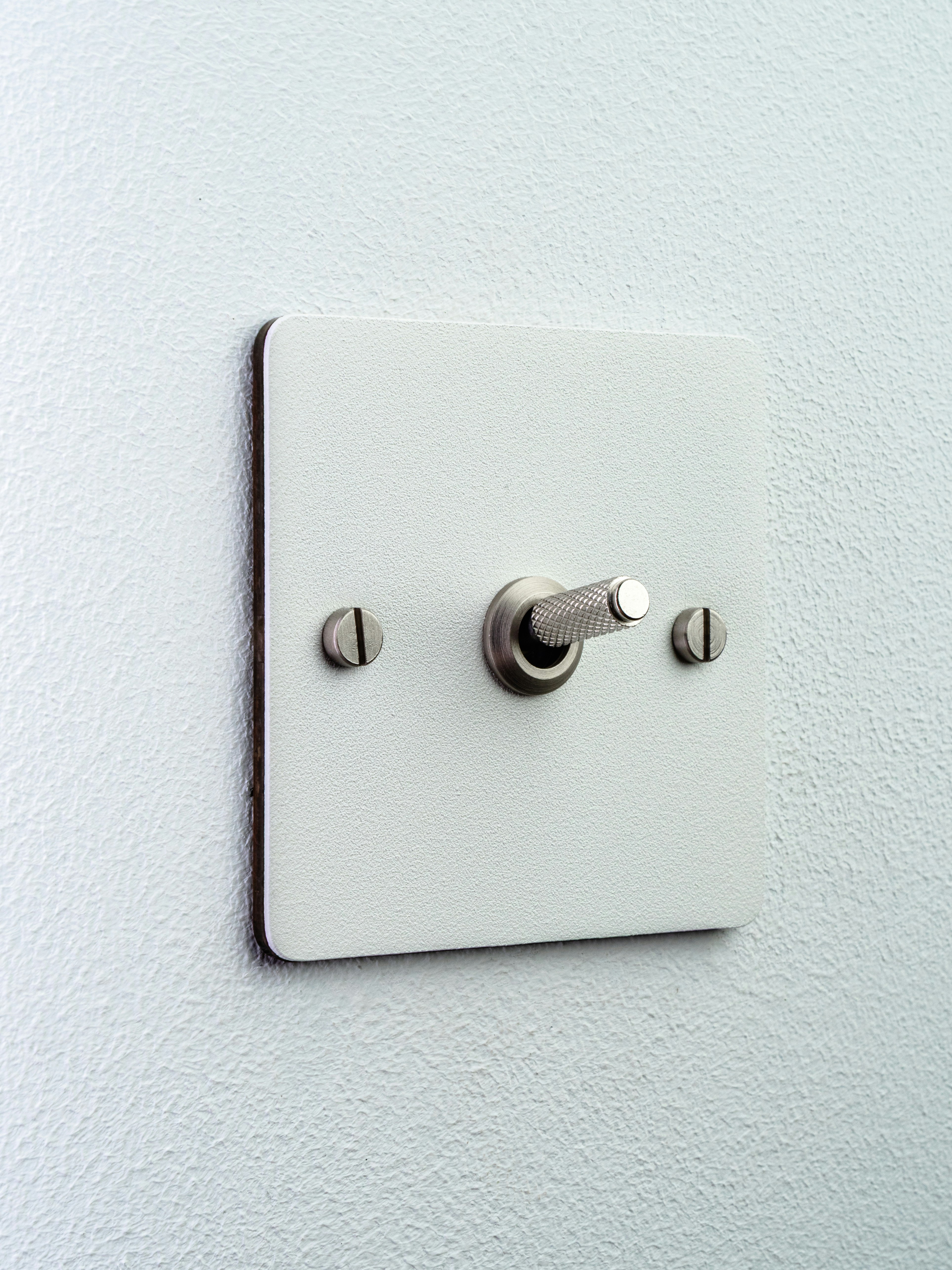 A close-up of a square, light-gray wall plate with a single metallic toggle switch, mounted on a softly textured surface; the scene emphasizes hardware design and shallow depth of field.