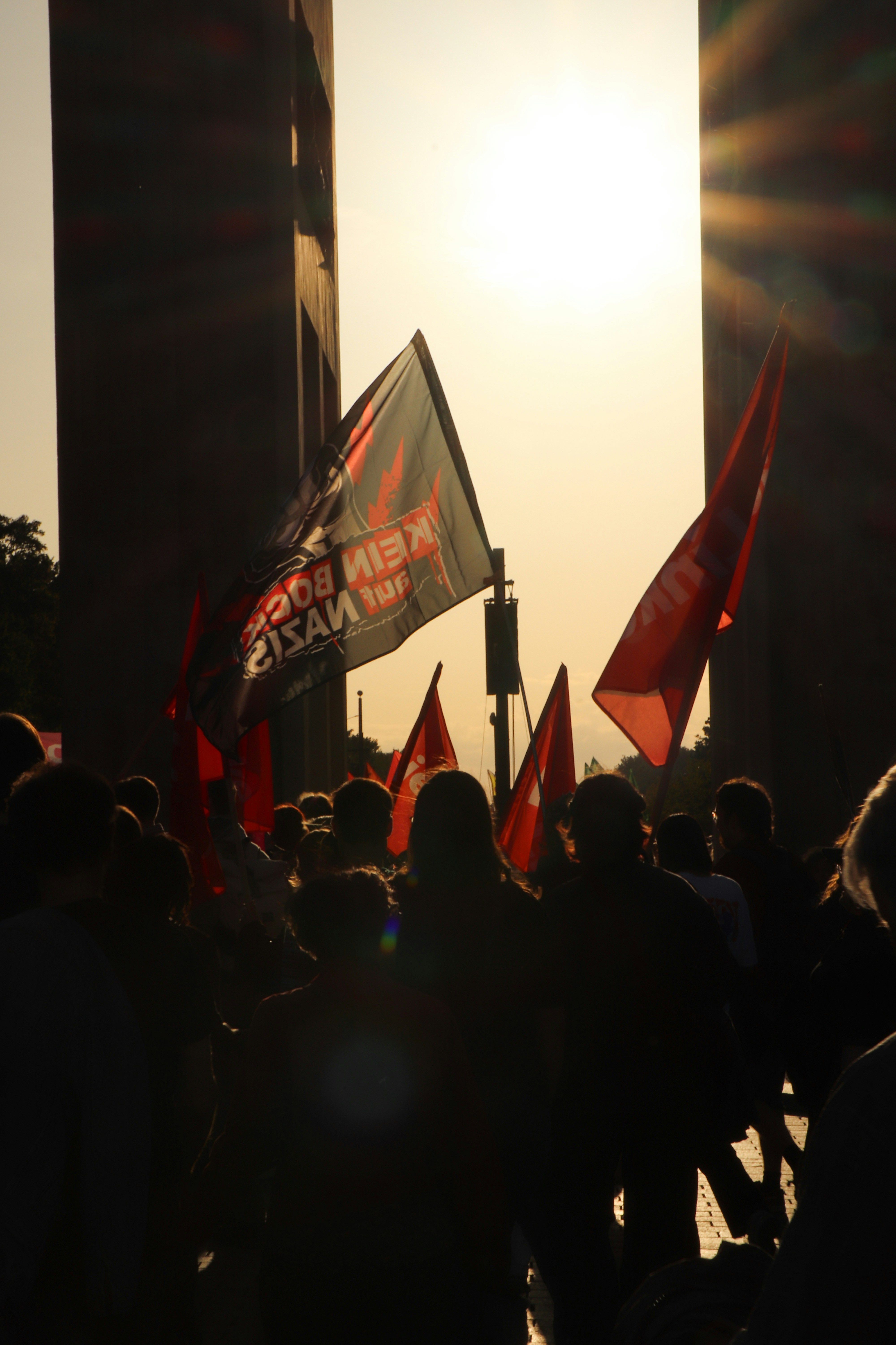 Sunlit March: Flags Rise Above the Crowd at Dusk