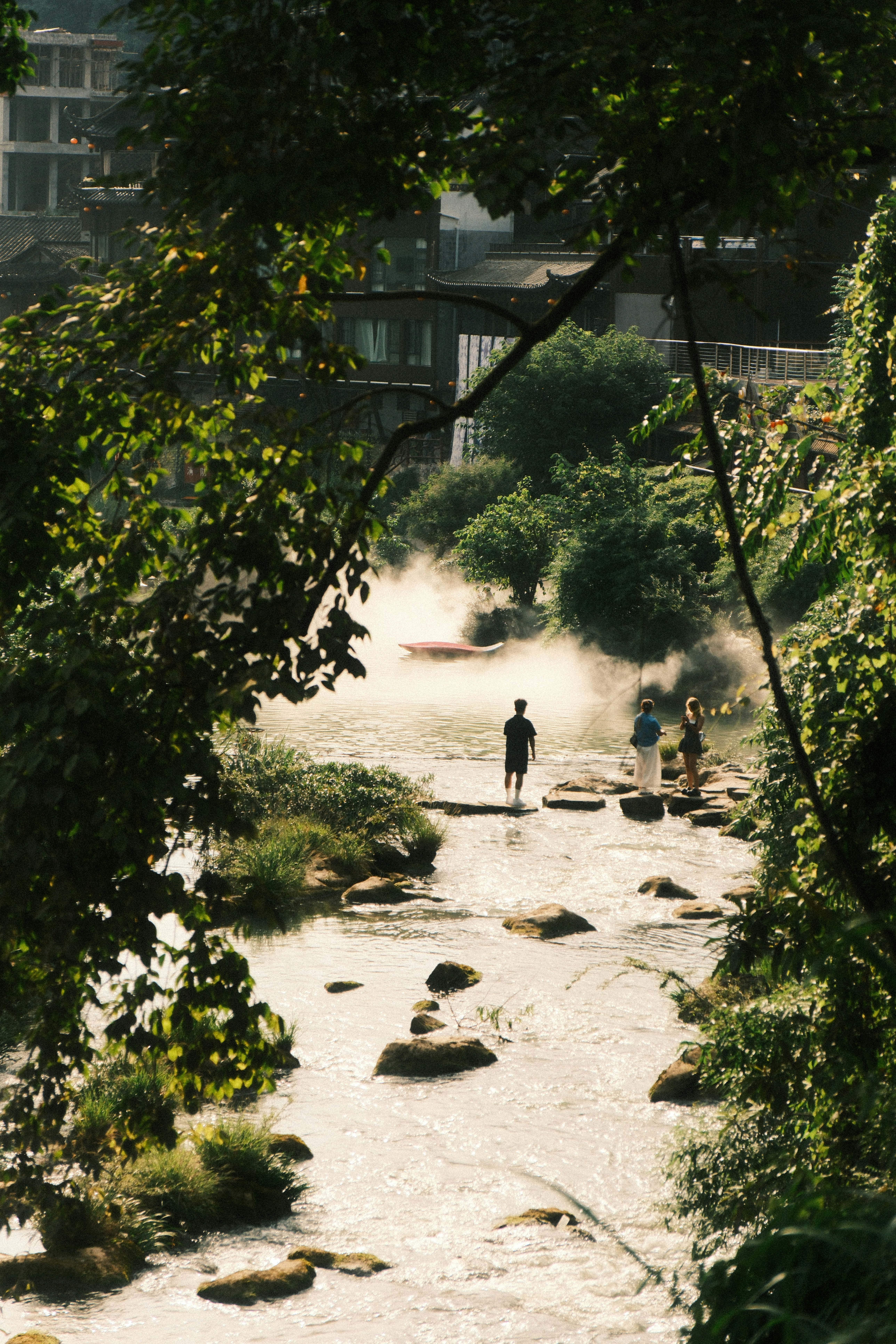 Sunlit Riverbank Rendezvous Amid Gentle Mist