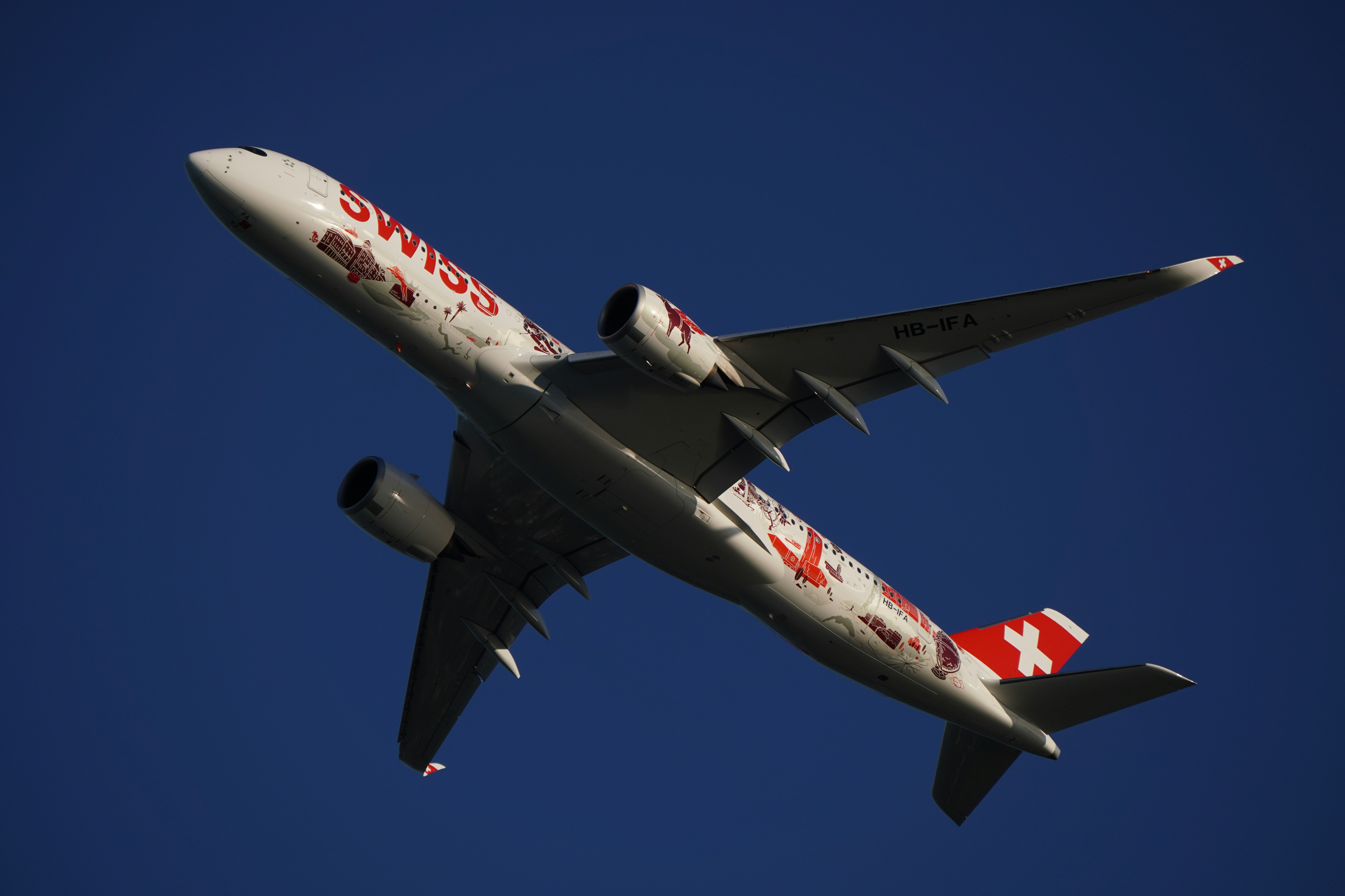 Swiss Jet in Clear Sky: United in Red and Snow