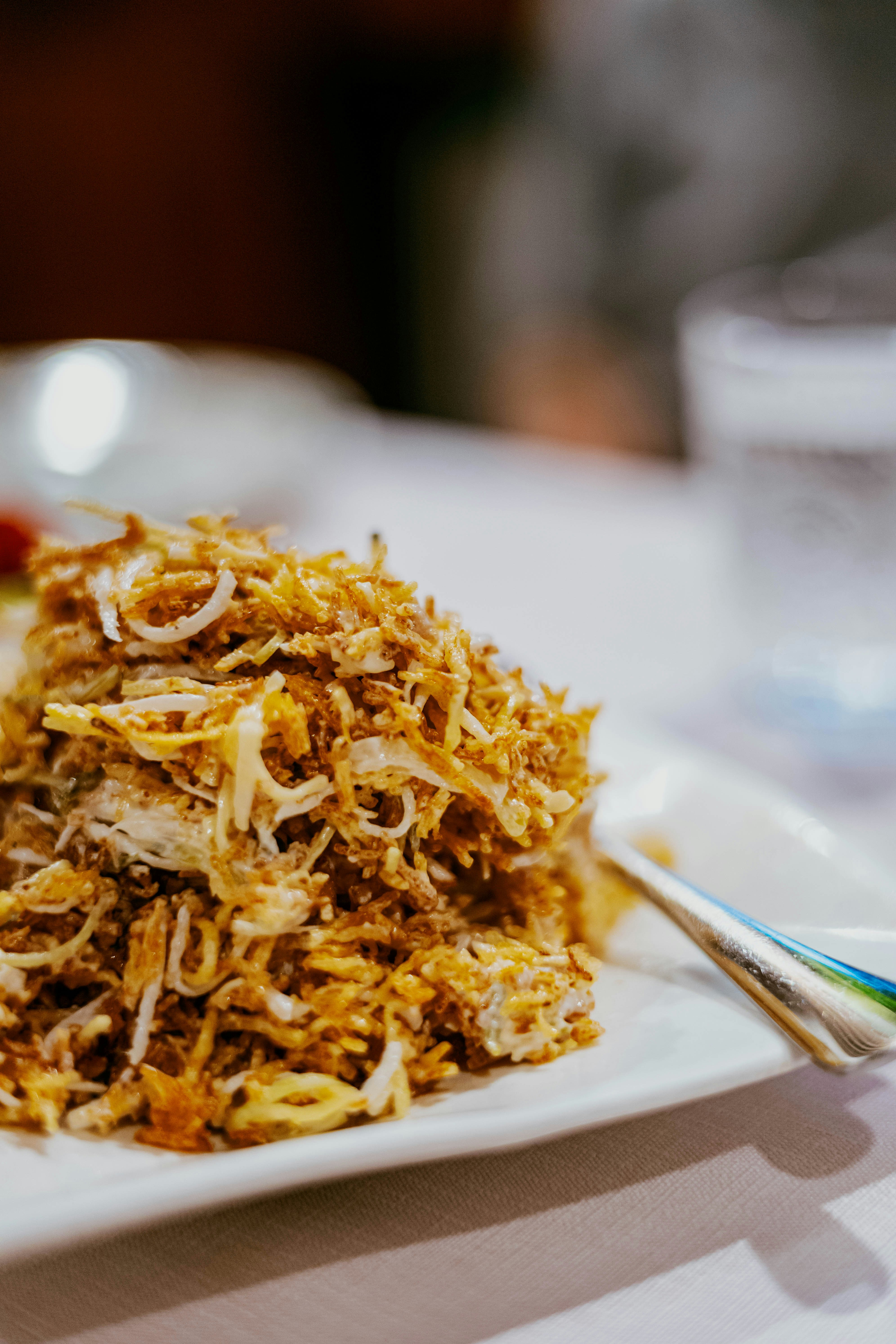 Crispy shredded topping on a savory heap