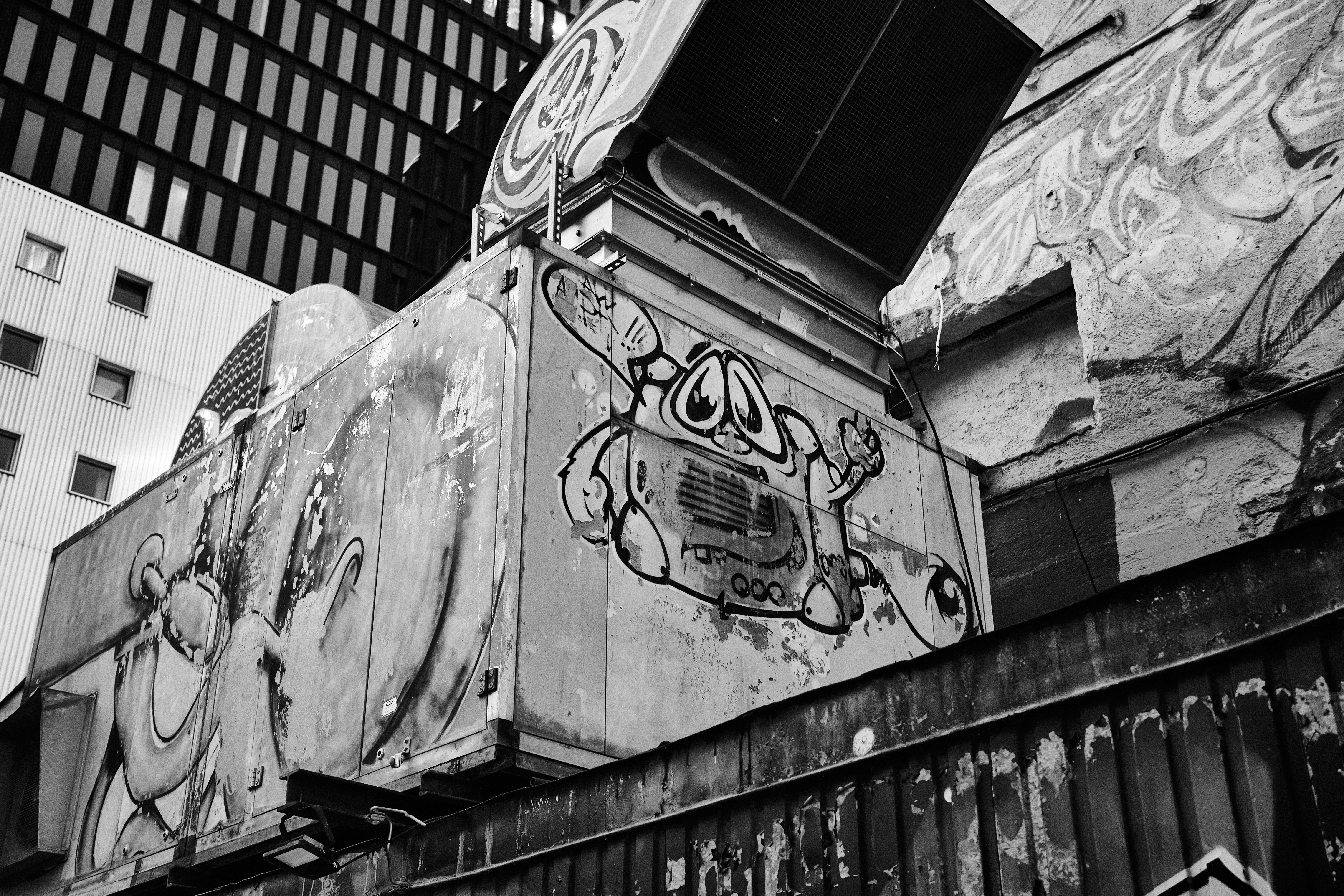 Graffiti-Laden Overhang: Urban Monochrome Layers