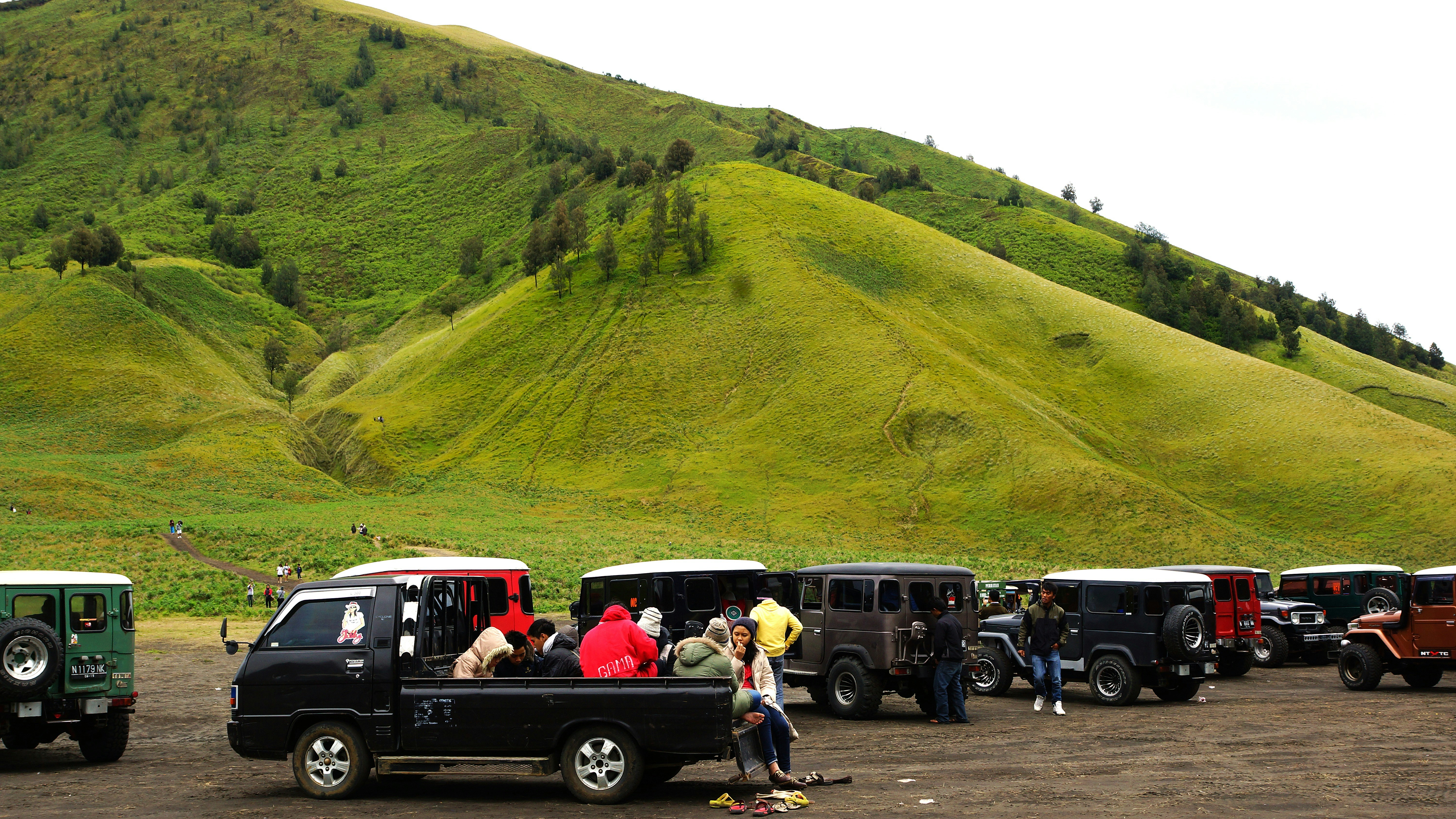 Convoy at the Green Ridge: Tourists Gather by Vintage Jeeps