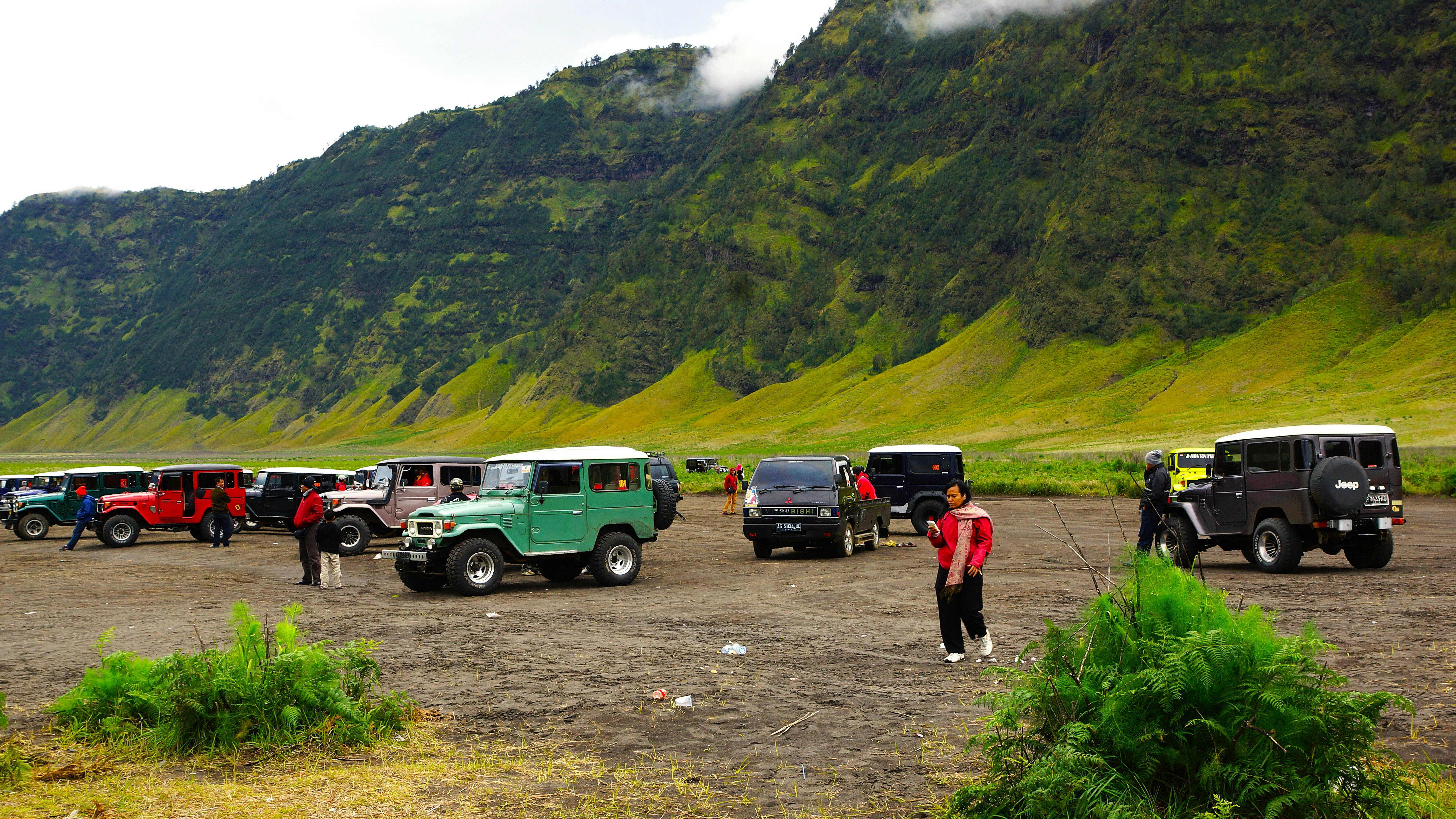 Line of Adventure: Jeeps Parked Before a Lush Lava-Field Valley