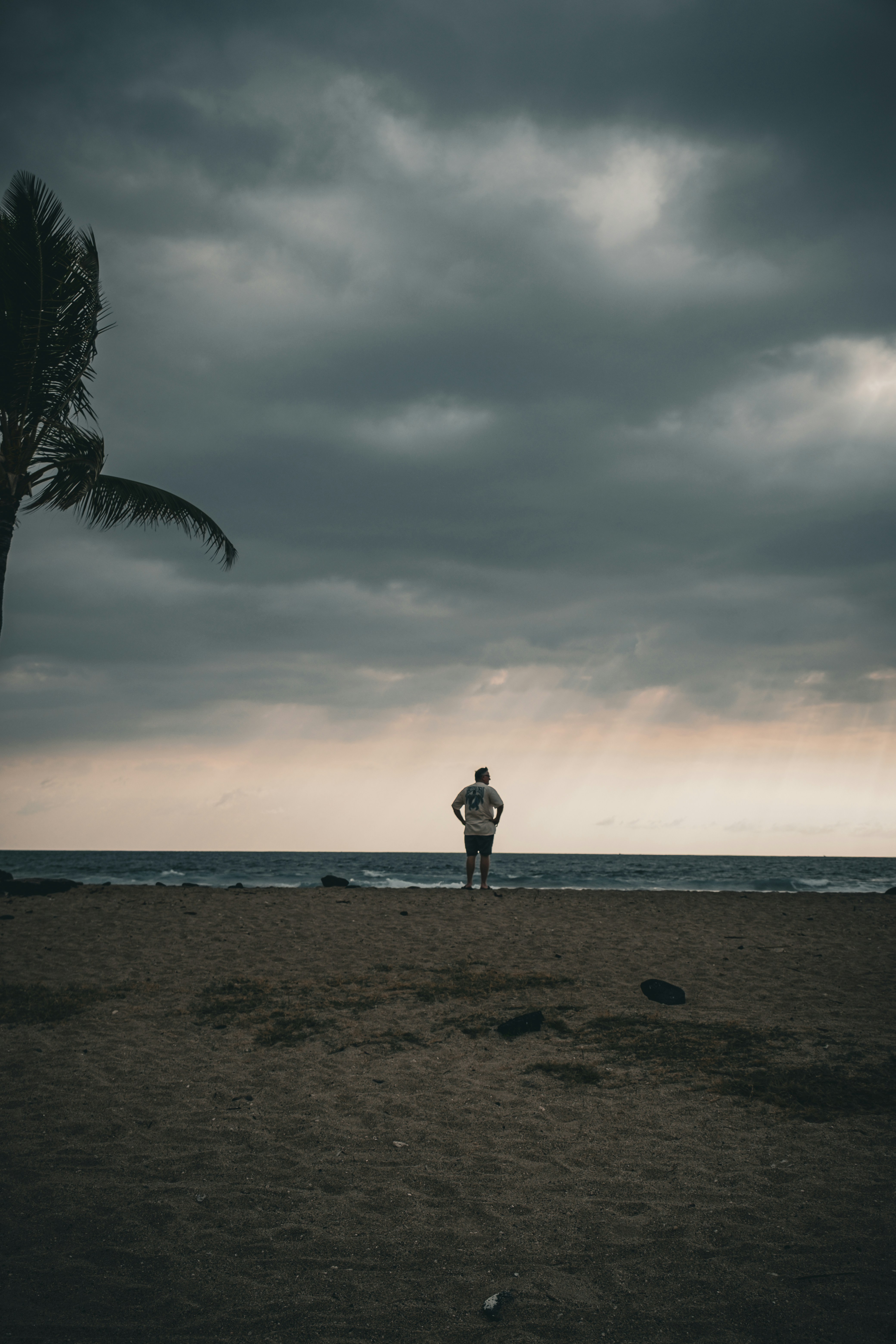  lone observer at shore under brooding sky
