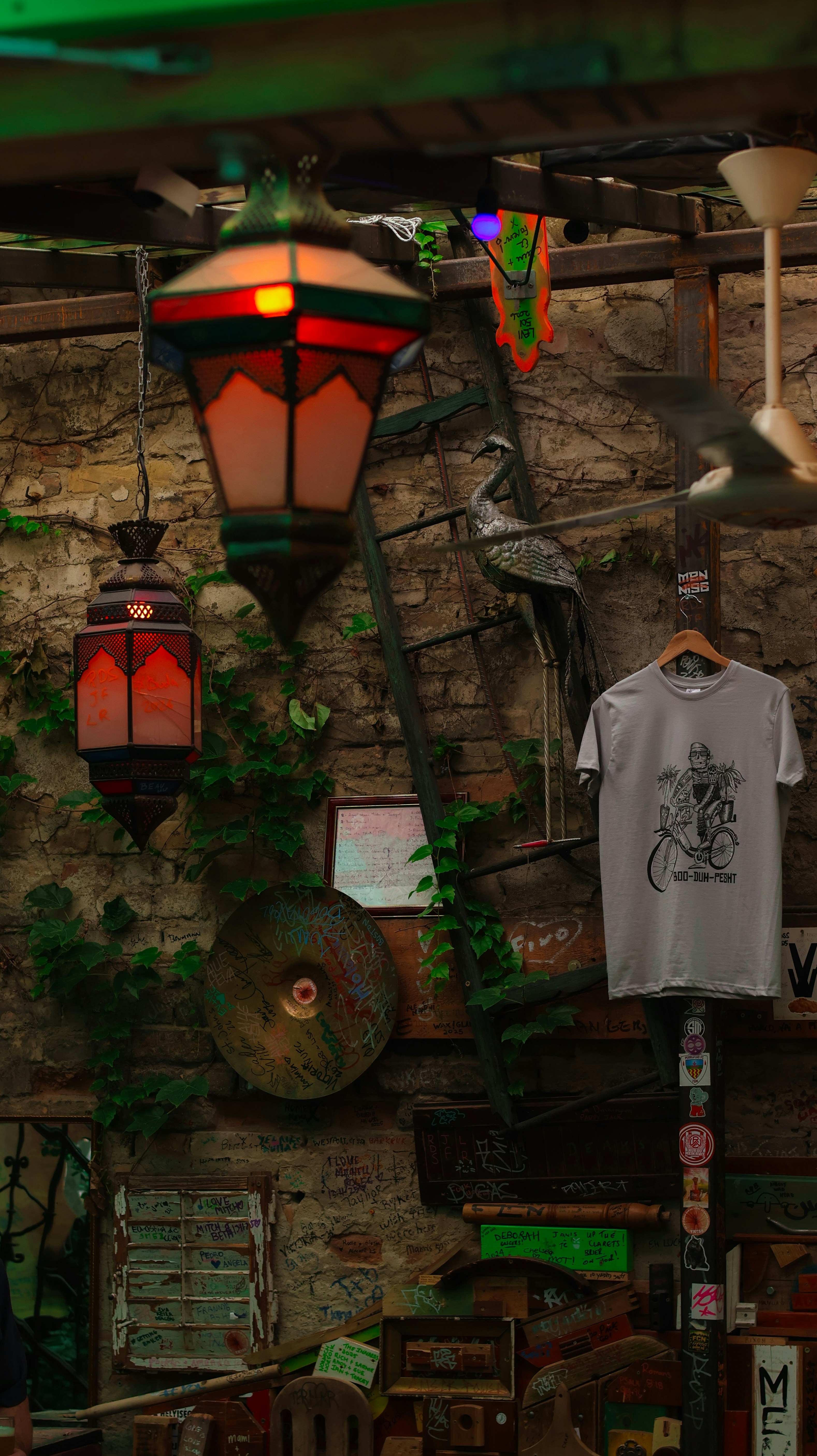 Neon Lanterns and Vintage Echoes in a Cozy Bazaar Wall