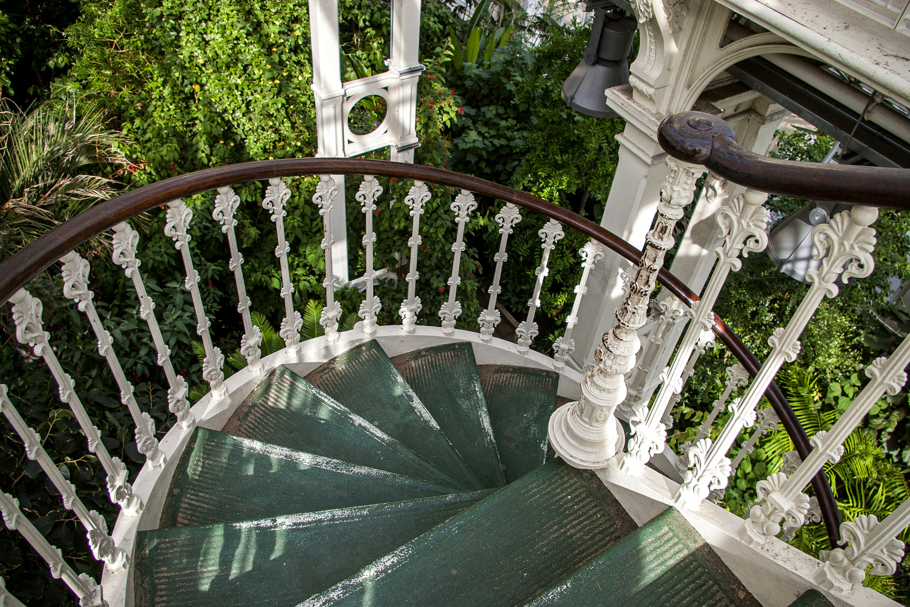 Coiled wrought-iron railing encircles a green-painted spiral staircase bathed in natural light, leading upward beside lush foliage. A garden structure and ornate details frame the ascent.