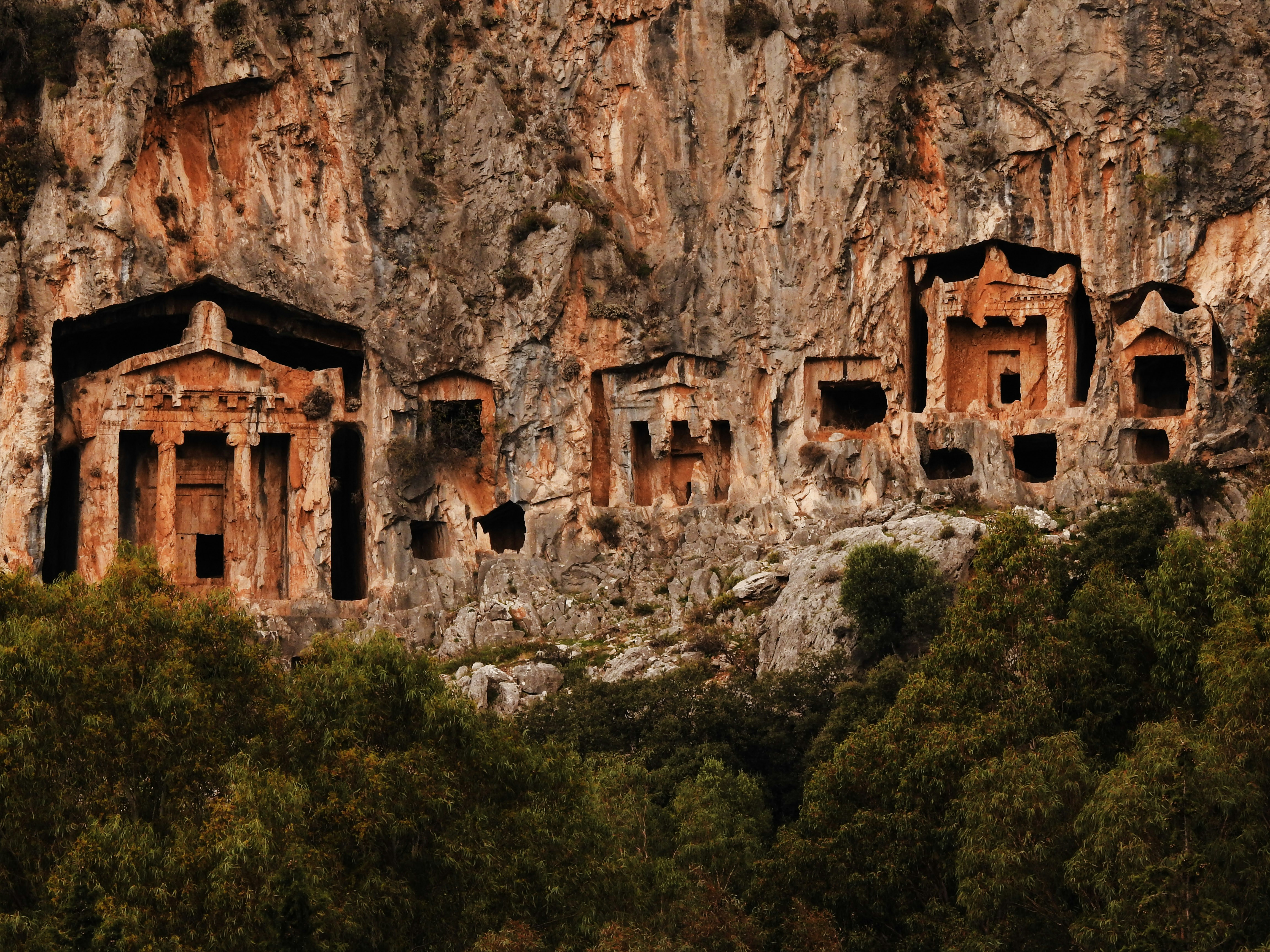 Rock-cut structures carved into a rugged cliff face above a dense treeline; a historic site carved into stone with visible doorways and windows, likely a cliff-dwelling heritage site.