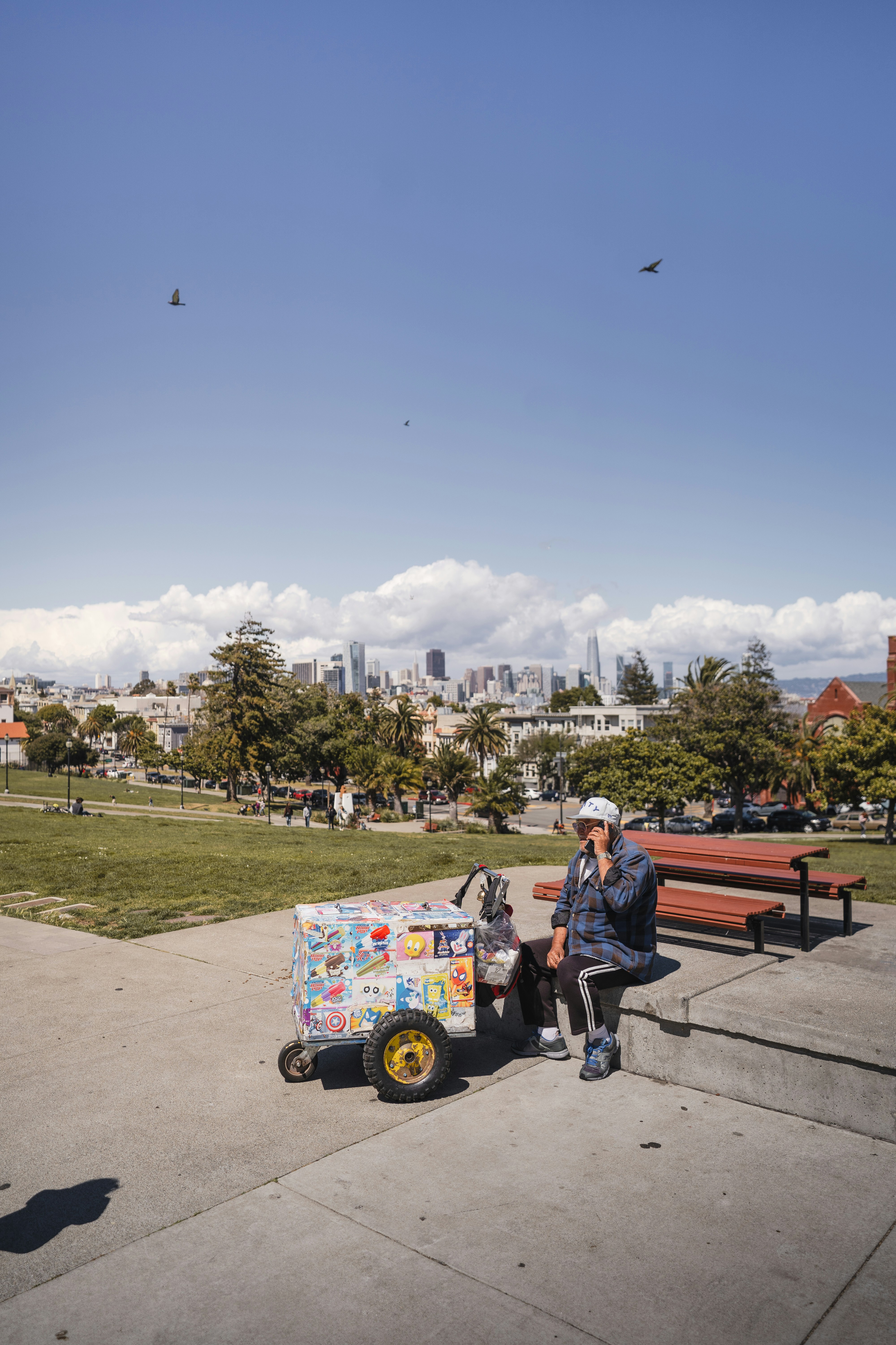 City Park Vendor with Colorful Cart Under a Clear Skies