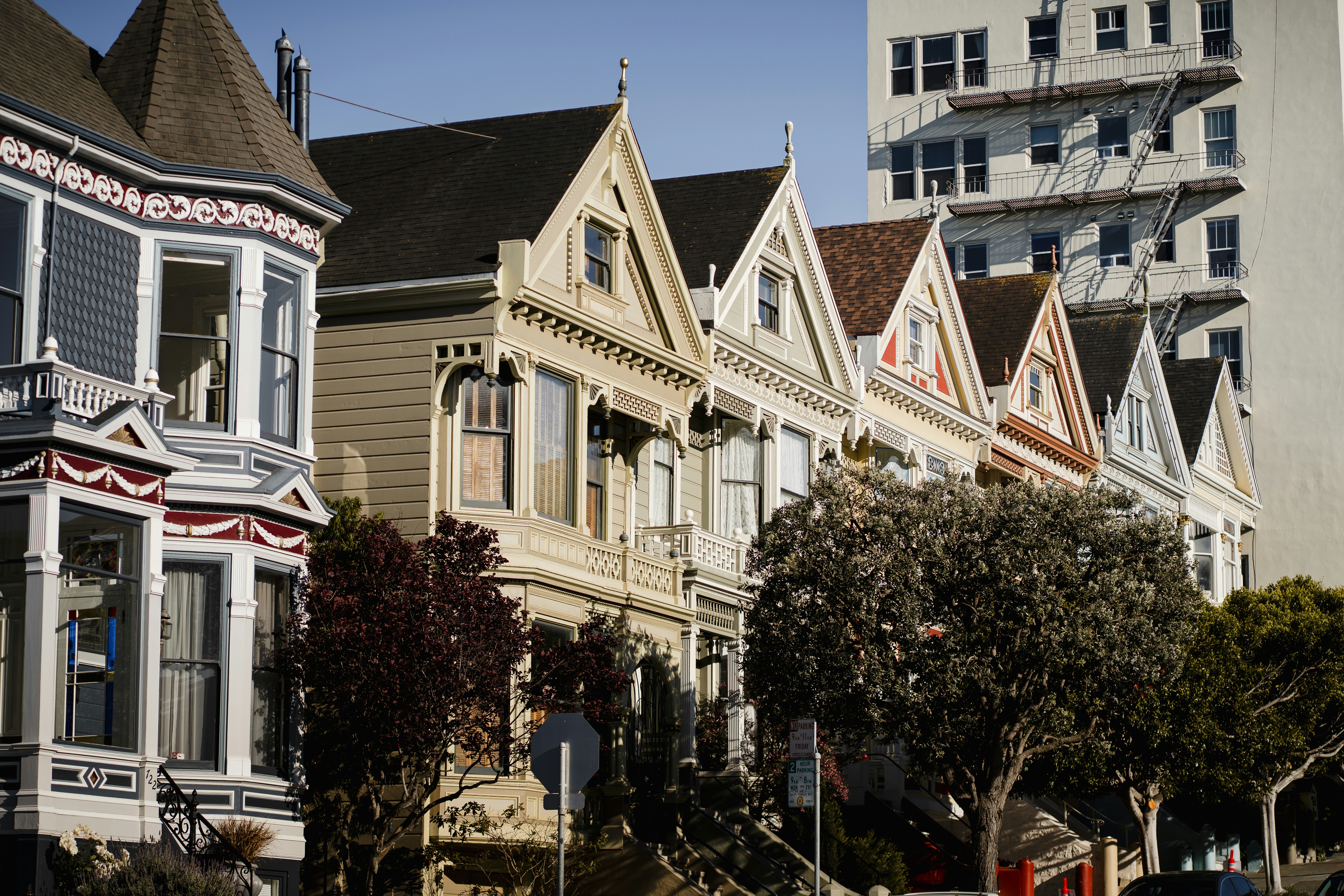 Colorful Victorian Row with Tree-Canopied Facades