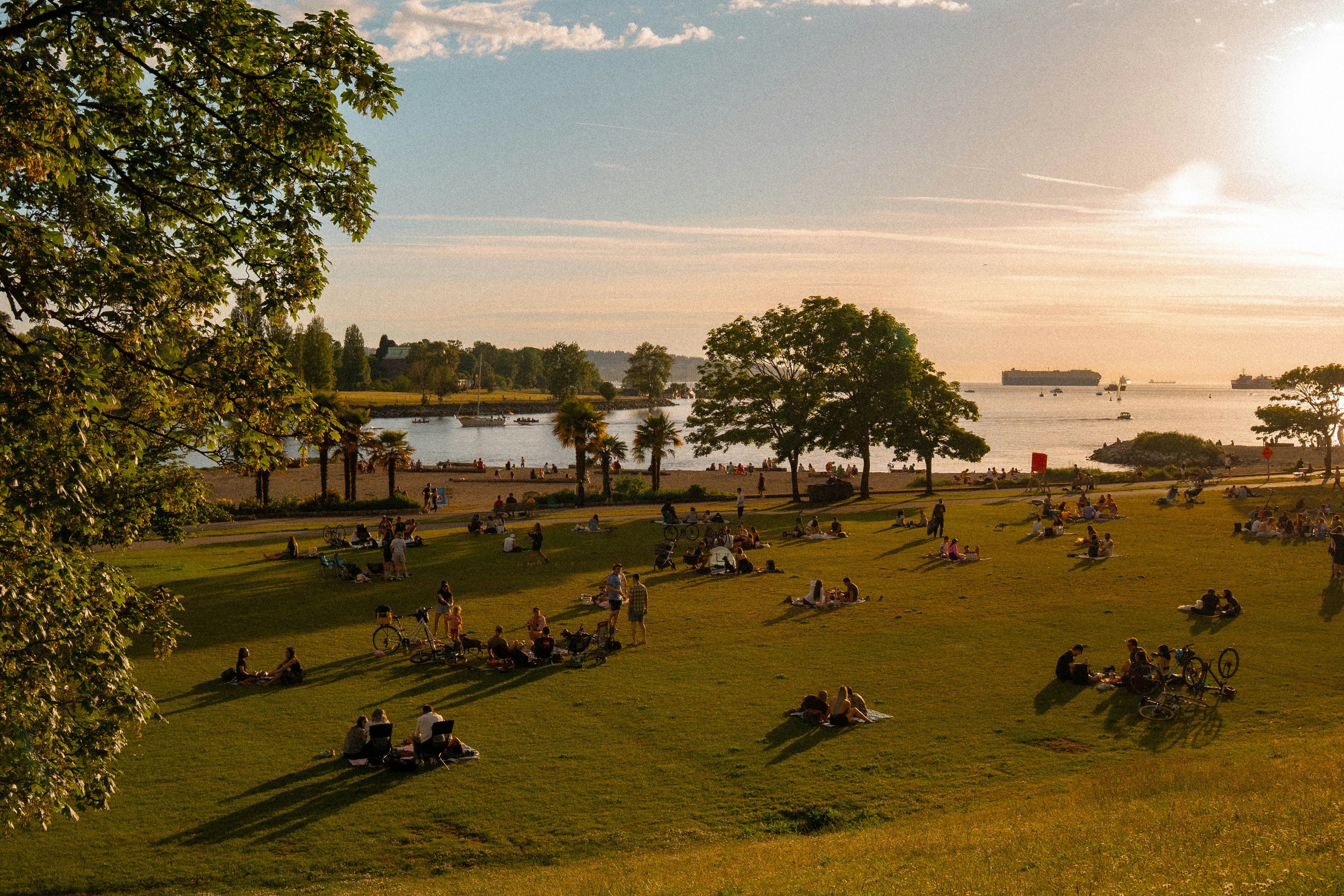 Sunlit Lakeside Leisure: People Gather in a Quiet Riverside Park