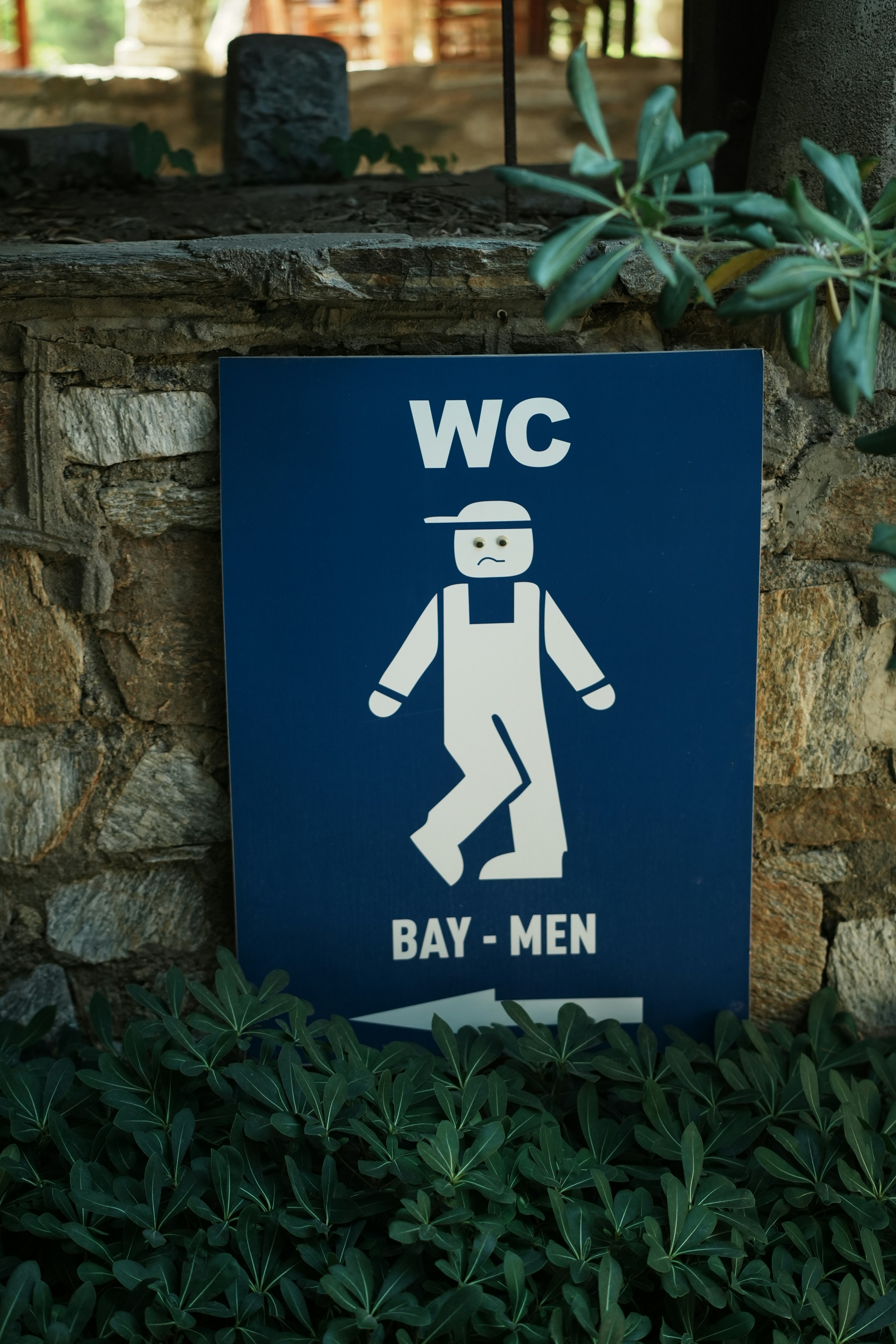 Blue WC Sign Amid Stone Wall and Greenery