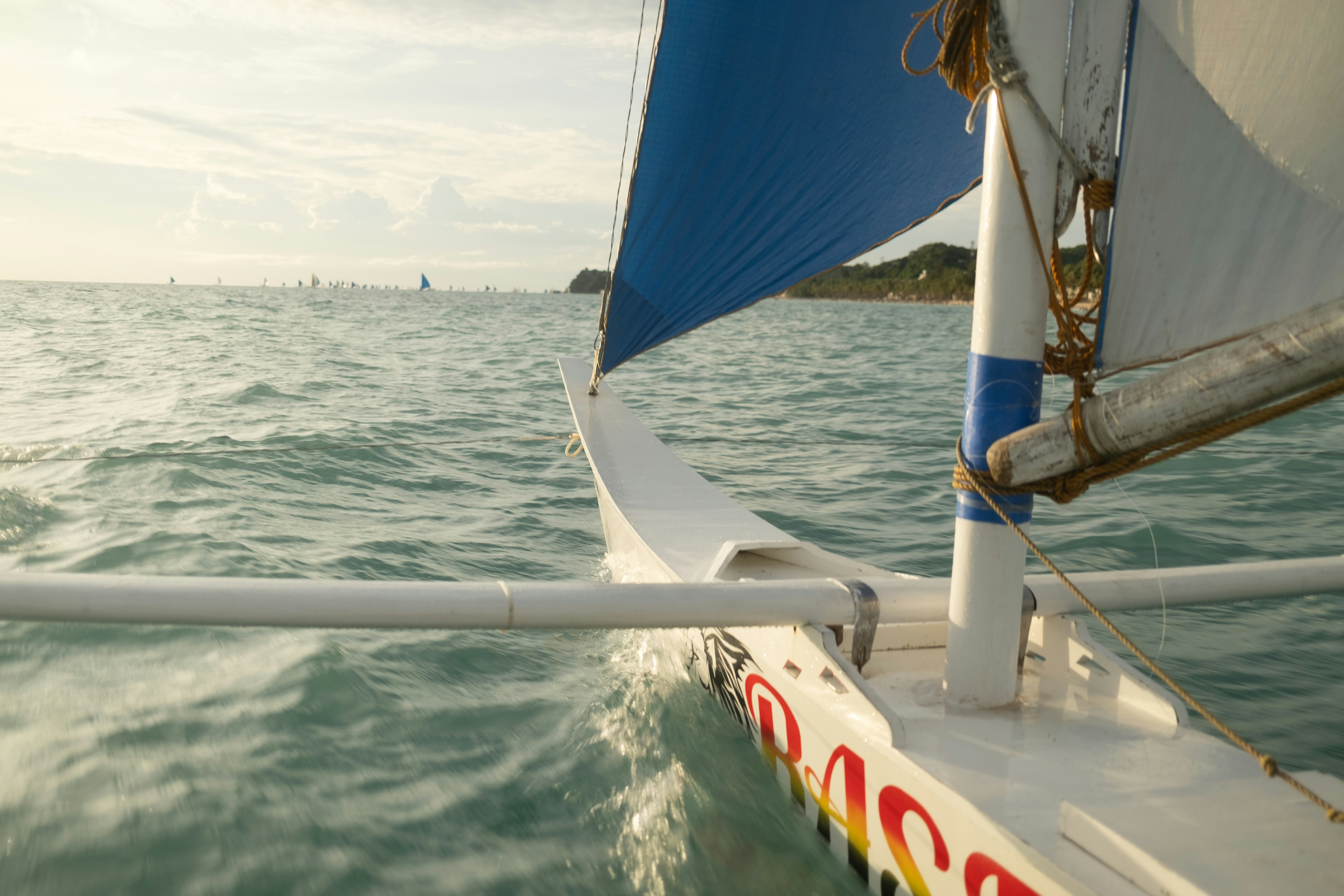 Bold angle: the bow and blue sail slicing through coastal water