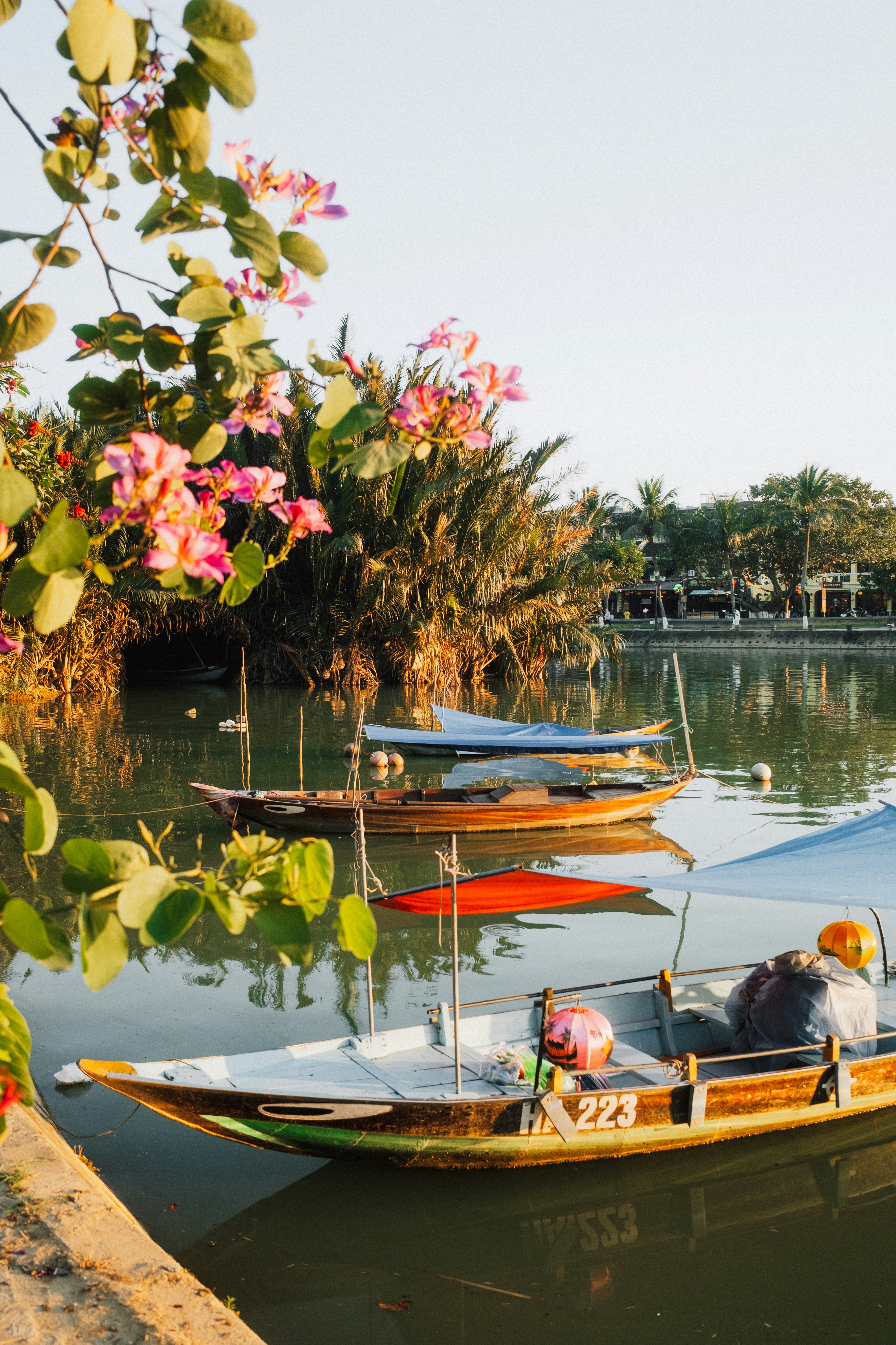 Harbor of Quiet Color: Boats at Rest Along a Sunset Canal