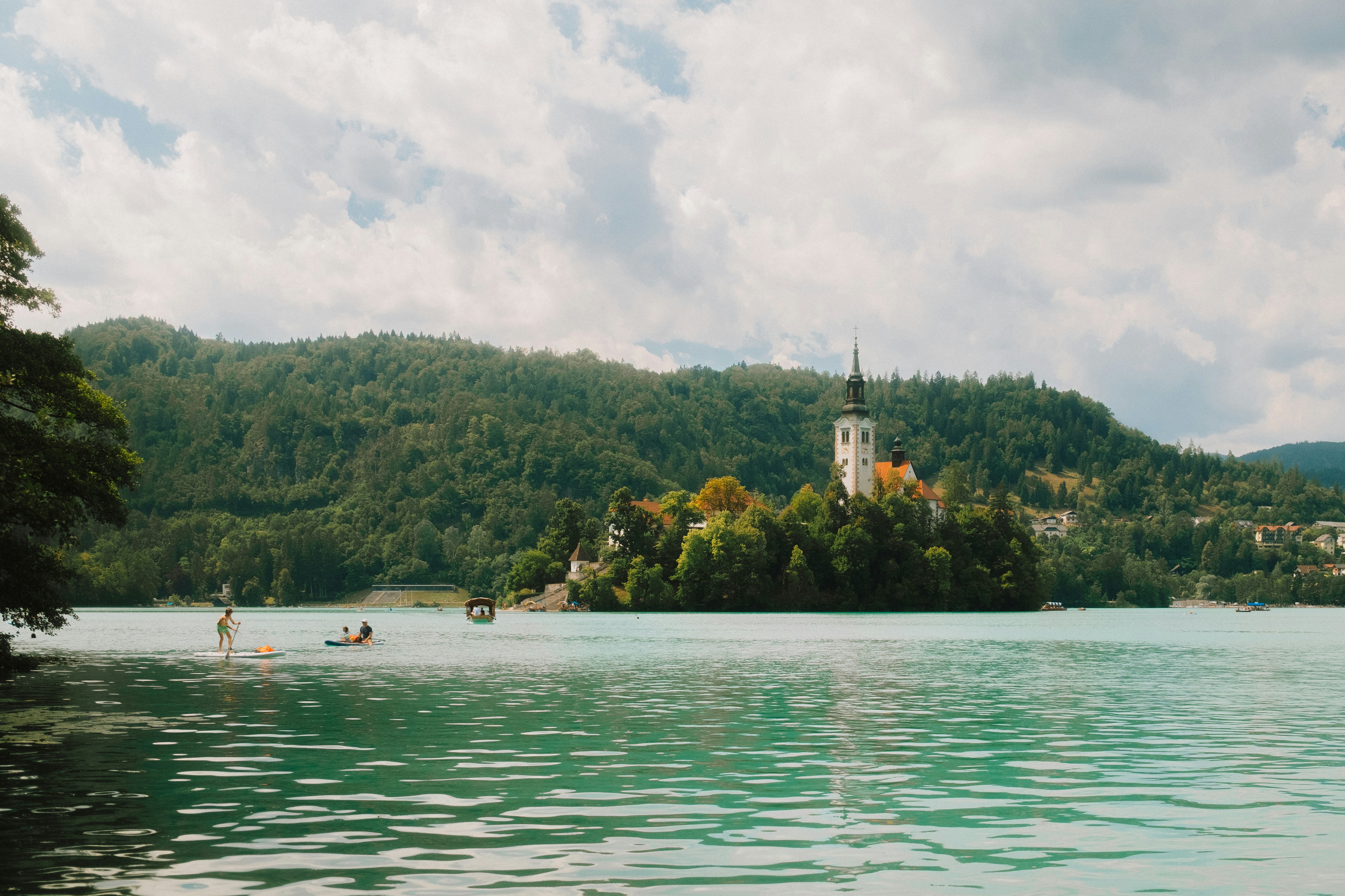 Isolated Island Parish: Church Spire Rising from a Tranquil Lake