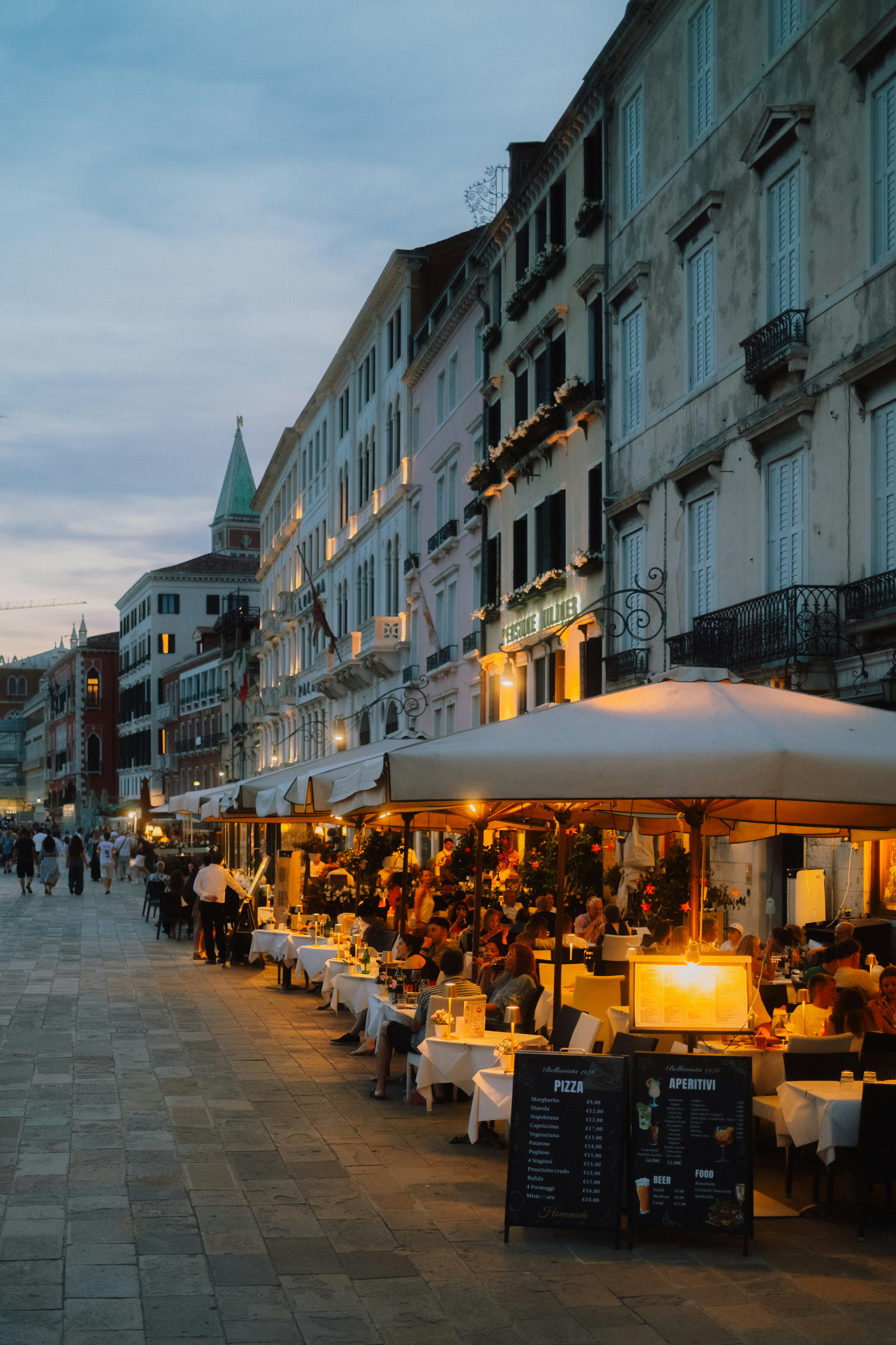 Evening Street Café Rows Along a Historic European Terrace