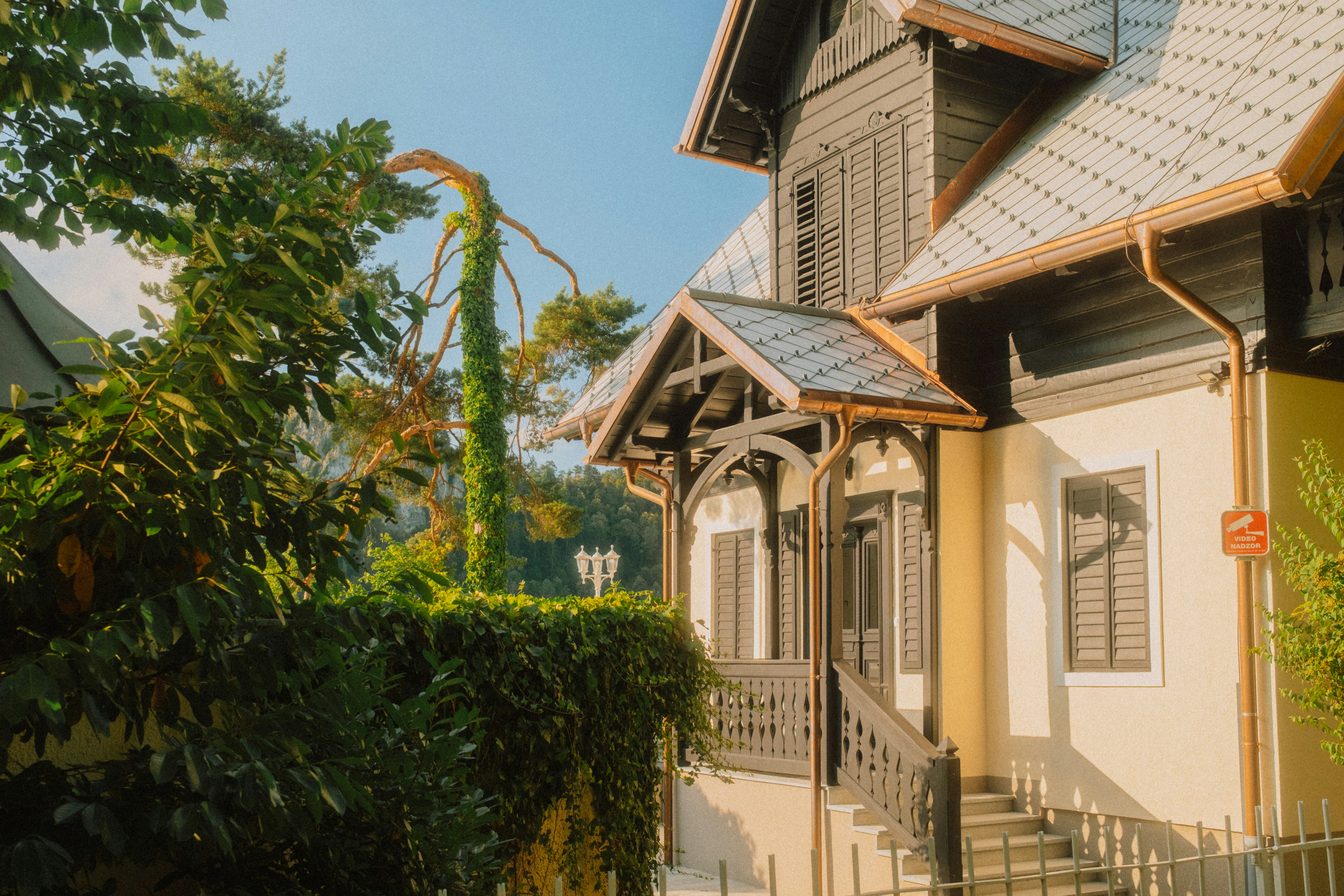 Sunlit Chalet Symmetry: A Quiet Moment at the Garden Gate