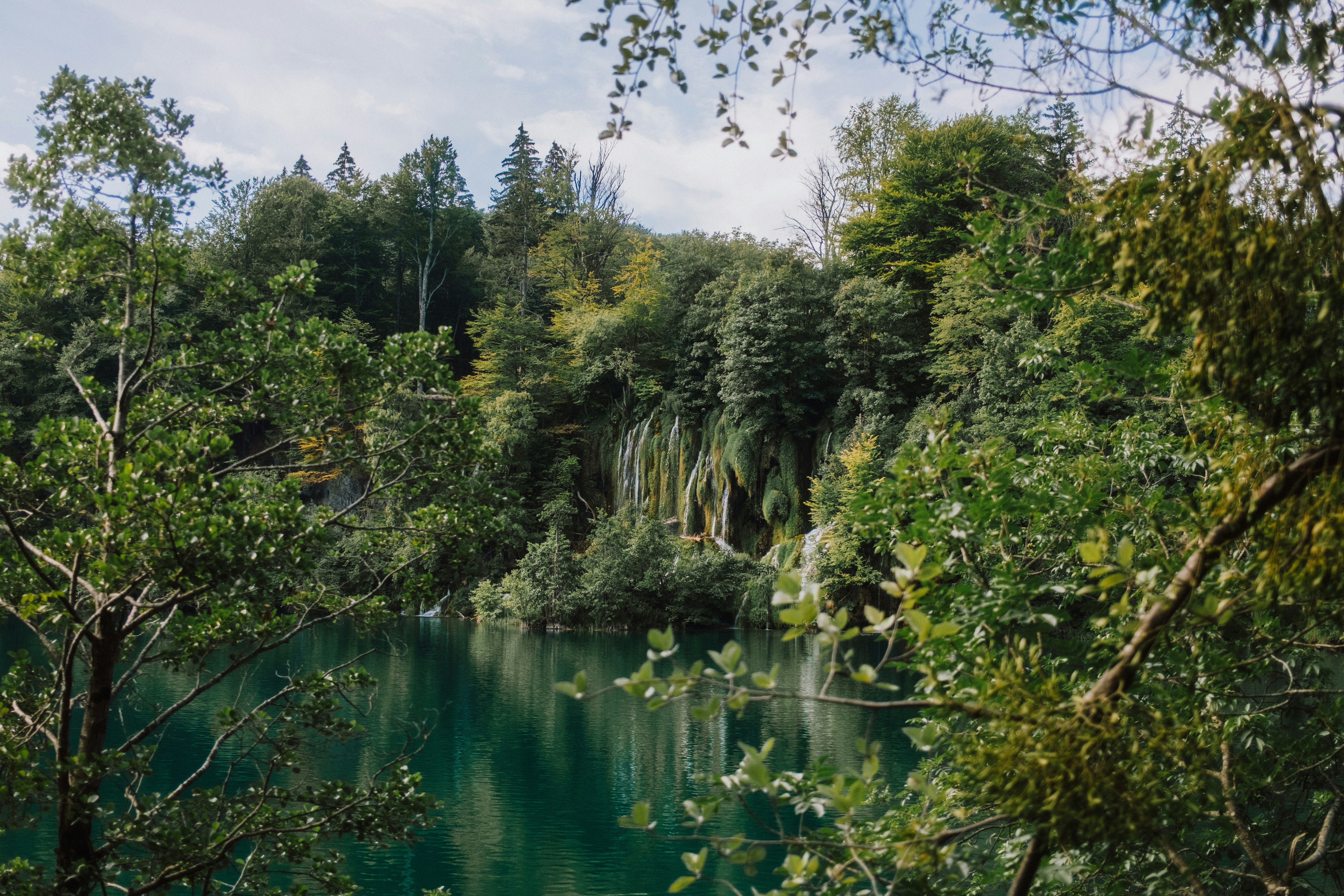 Emerald Basin: cascades and cedar silhouettes over a tranquil lake
