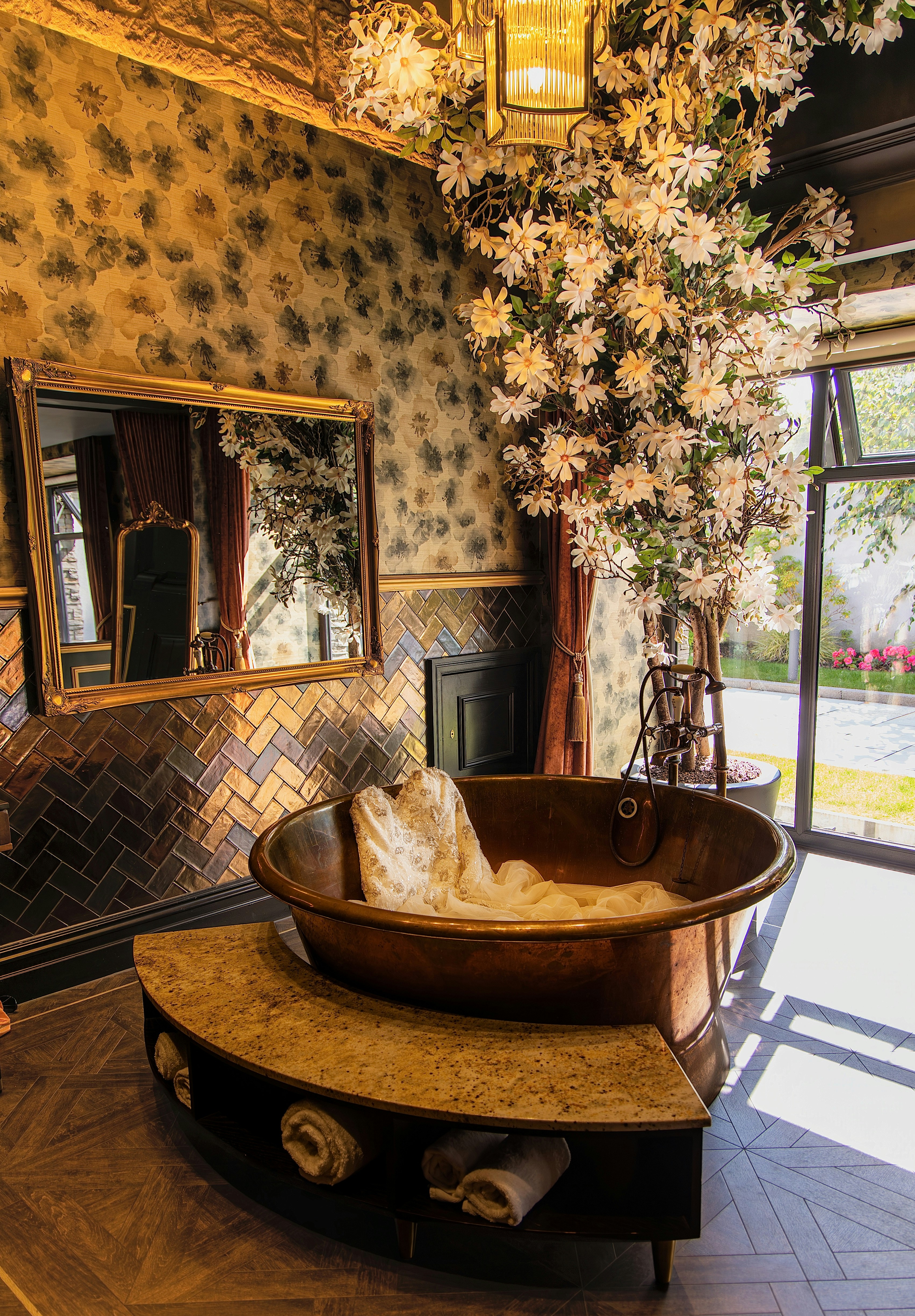 Copper Bathtub Oasis Under Floral Cascade