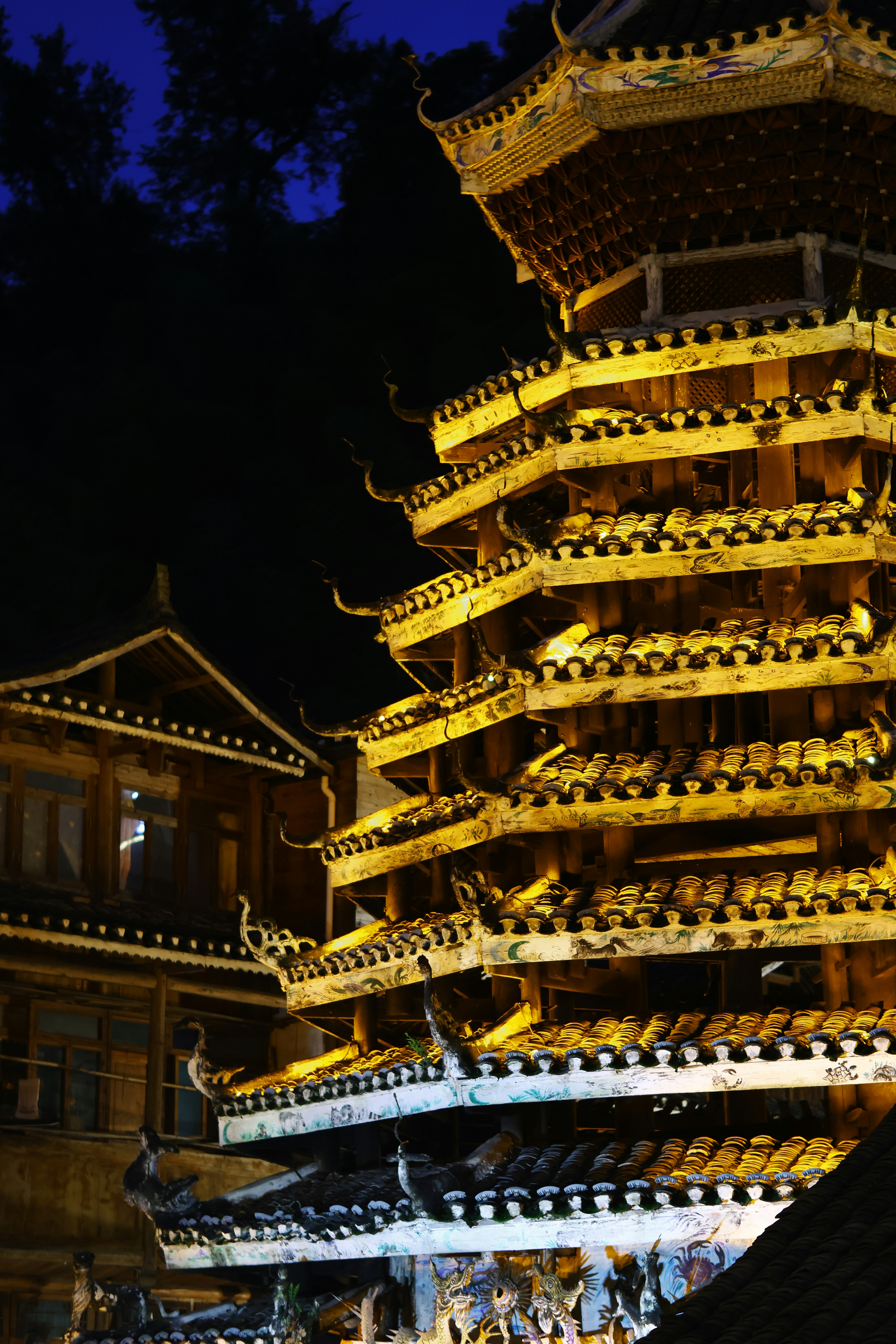 Golden Pagoda in Nightfall: A Lanterned Silhouette of Ancient Craft