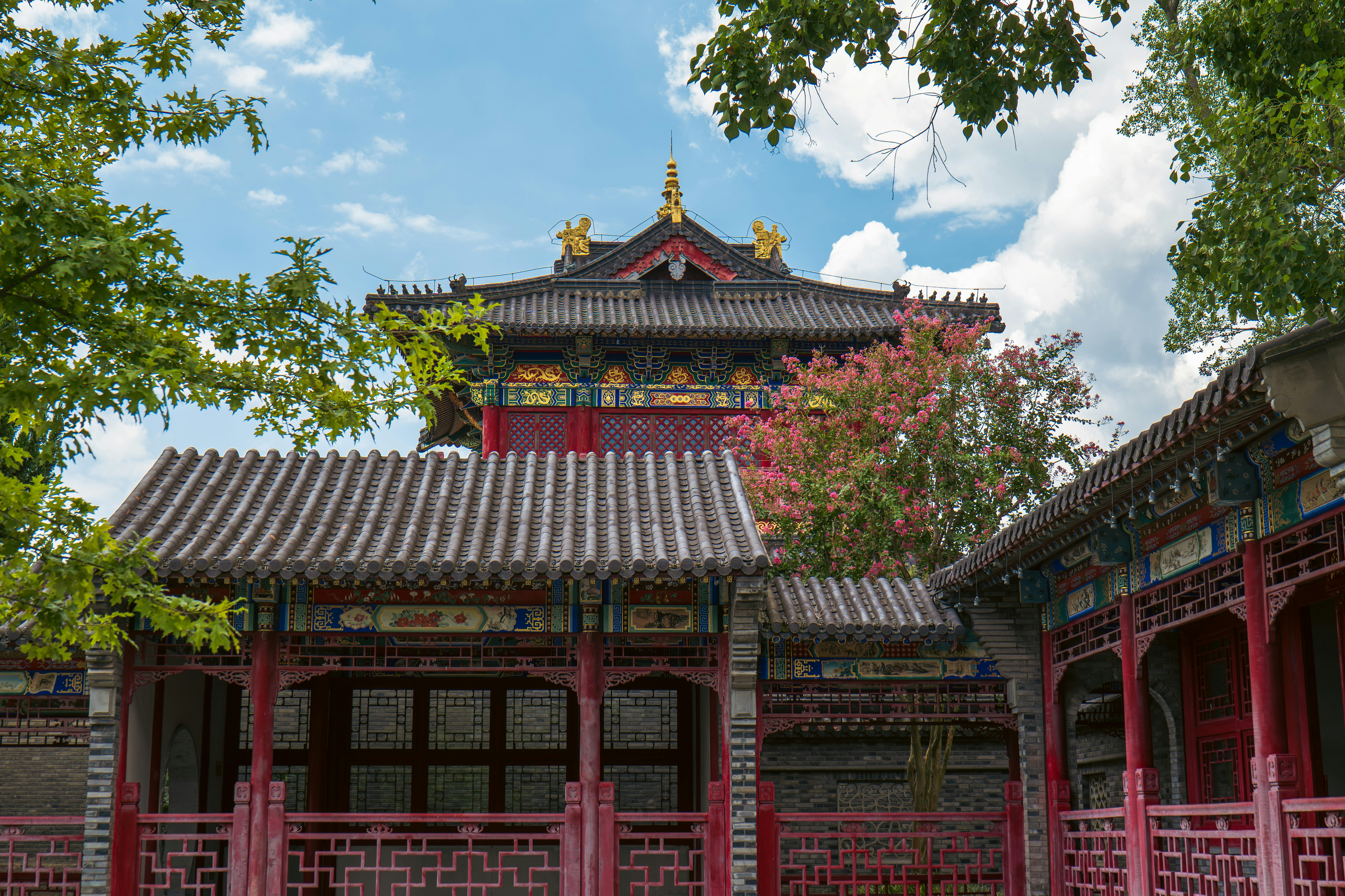 Temple Courtyard in Bloom: A Colorful Heritage Scene