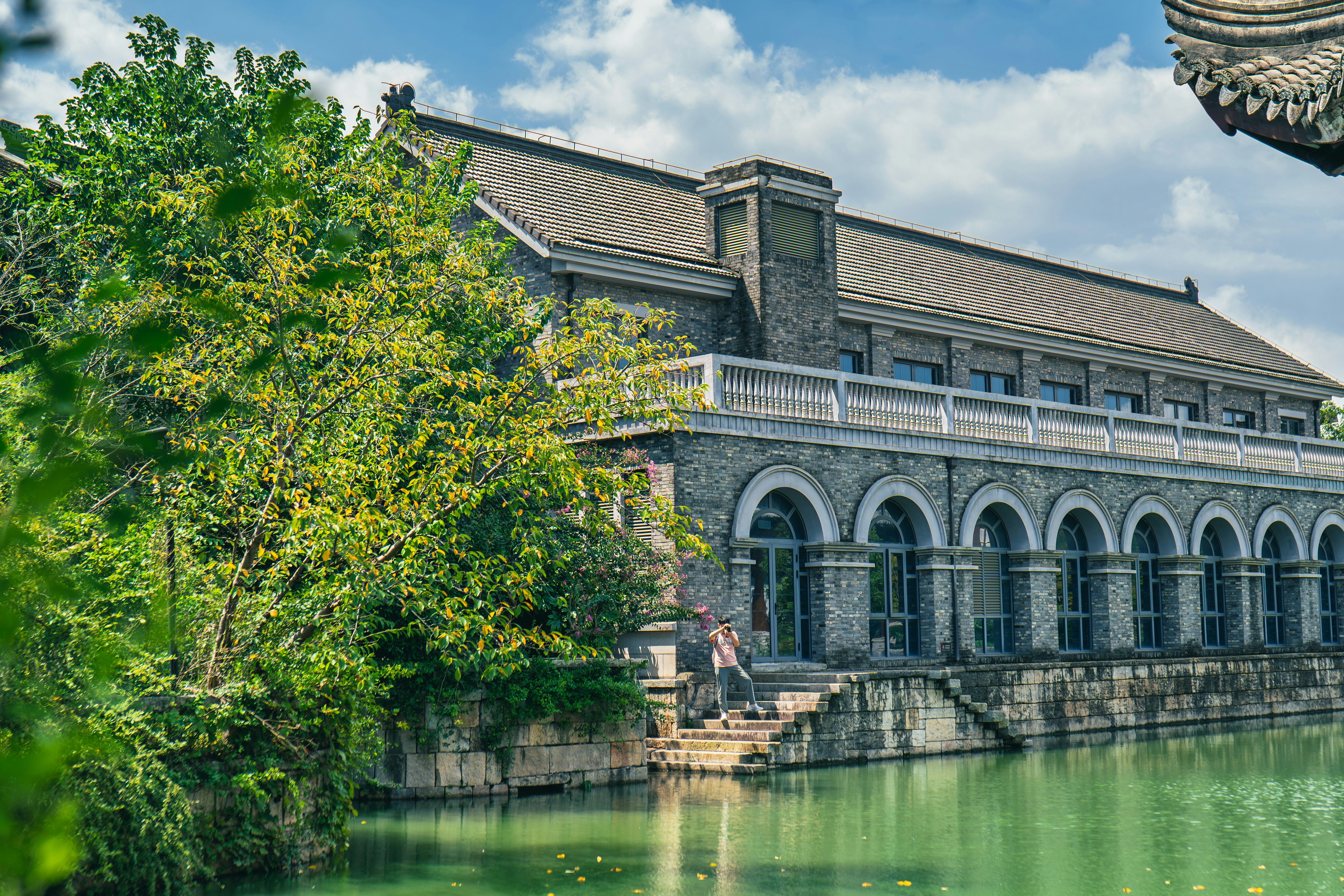Heritage by the Canal: Veranda Steps and Green Reflections