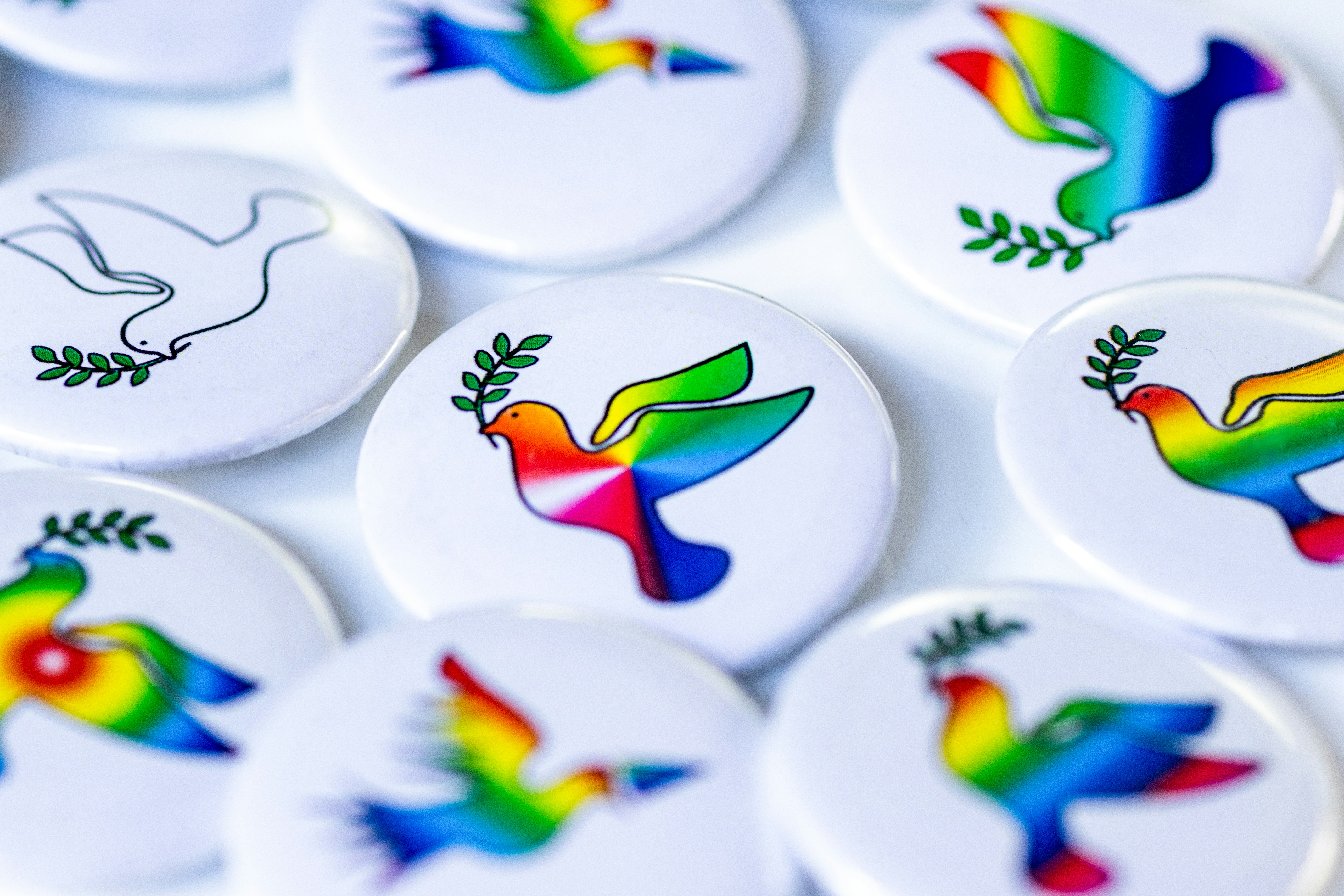 Rainbow Dove Buttons: Colorful Peace Symbols in a Soft-close Macro