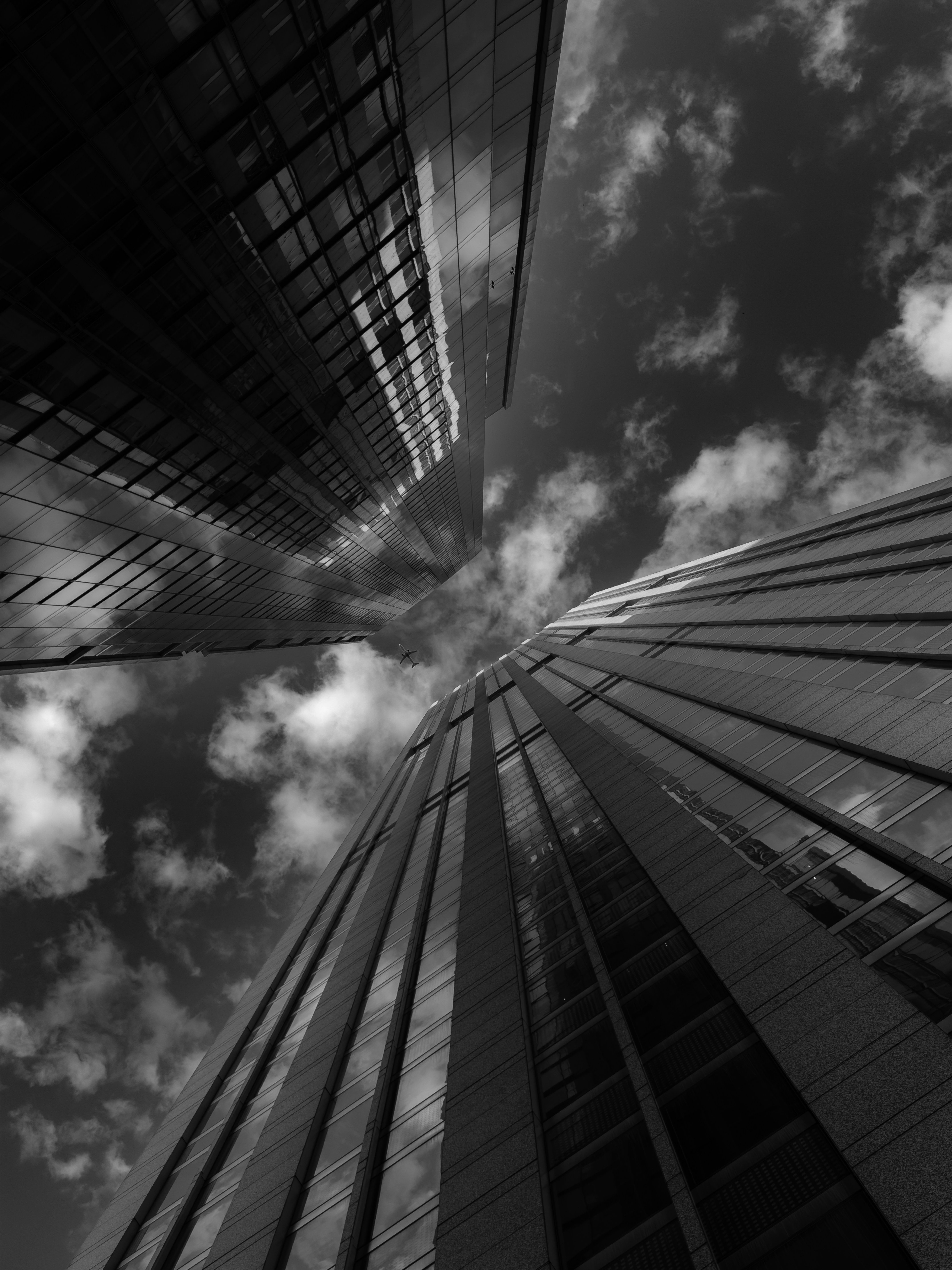 Vertical Giants: A Monochrome Glimpse Between Skyscrapers
