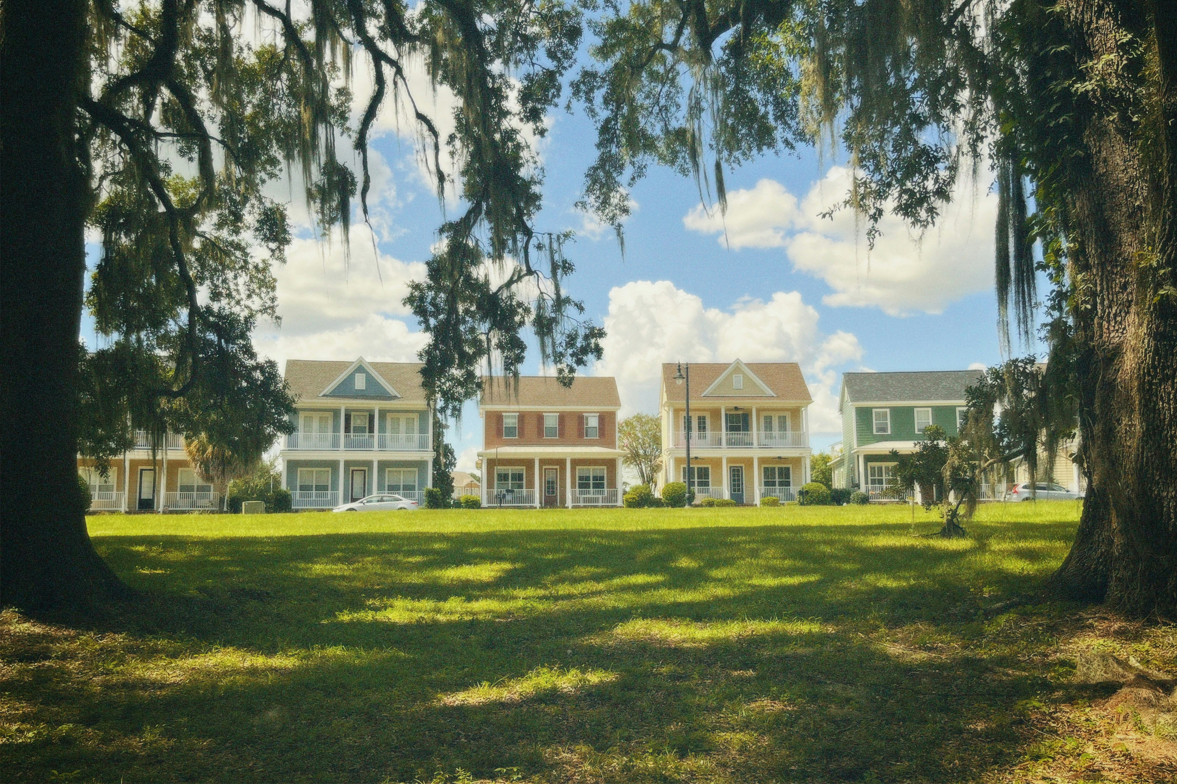 Sunlit row of pastel houses framed by large trees in a grassy yard; a tranquil suburban scene with broad shade and a clear blue sky.