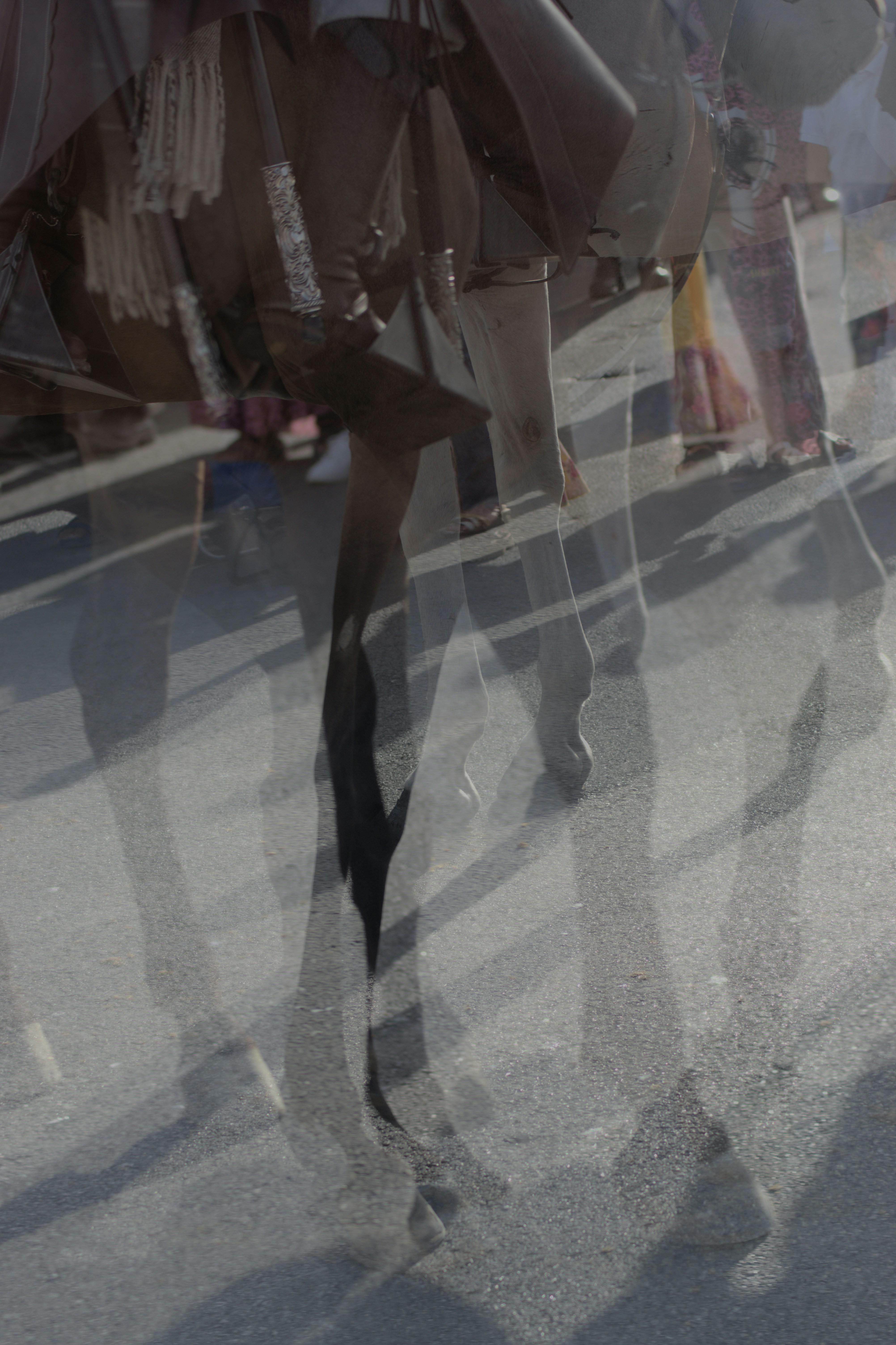 Echoes of Movement: Reflections and Shadows in a Double Exposure Crowd