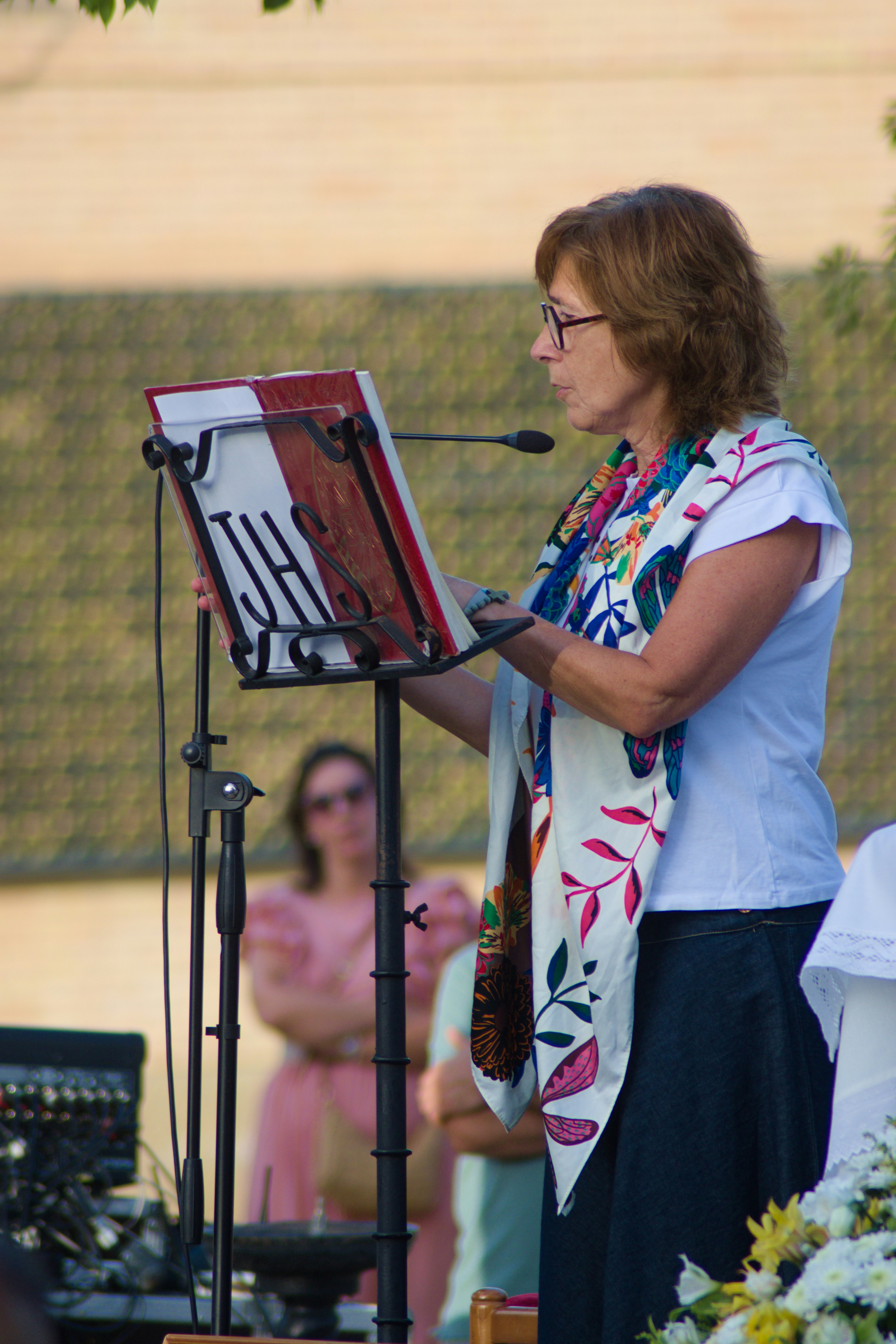 Lectern Voice: A Speaker in Focus Against a Quiet Outdoor Gathering