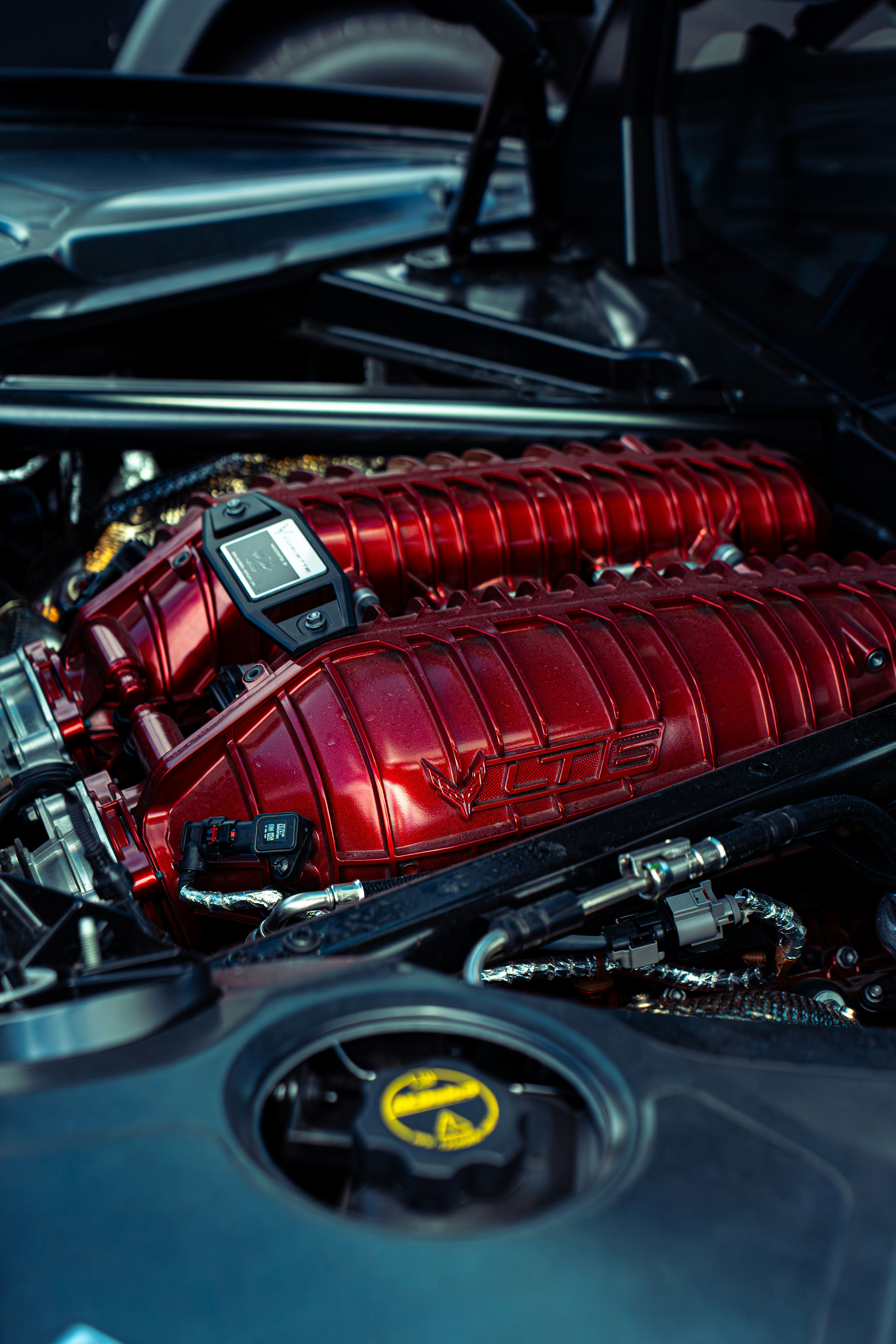Red Vortex: V8 Engine Under Fire-Blew Hood