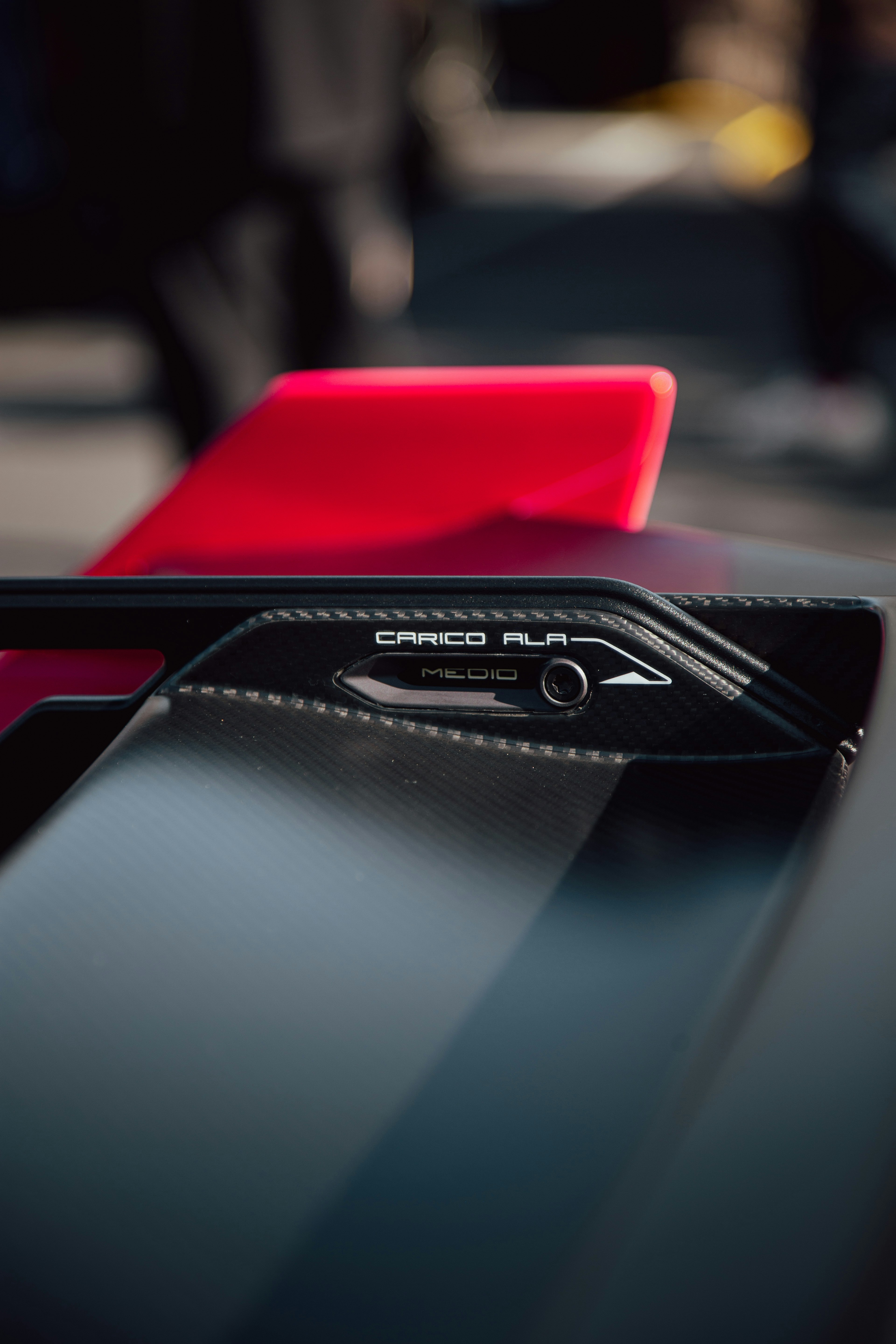 Red Carico ALA midsection: carbon fiber finish and latch in sharp focus